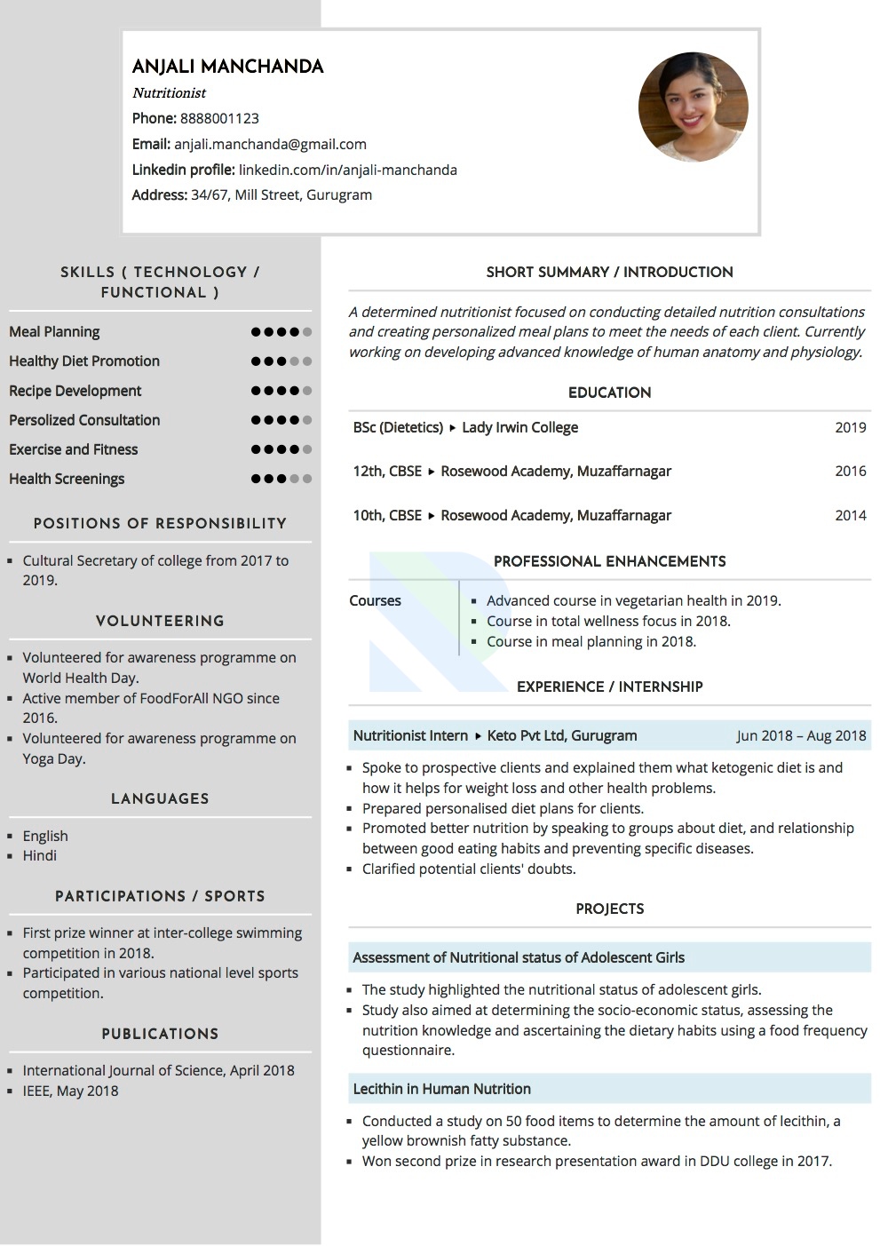 Sample Resume Of Nutritionist With Template Writing Guide Resumod co