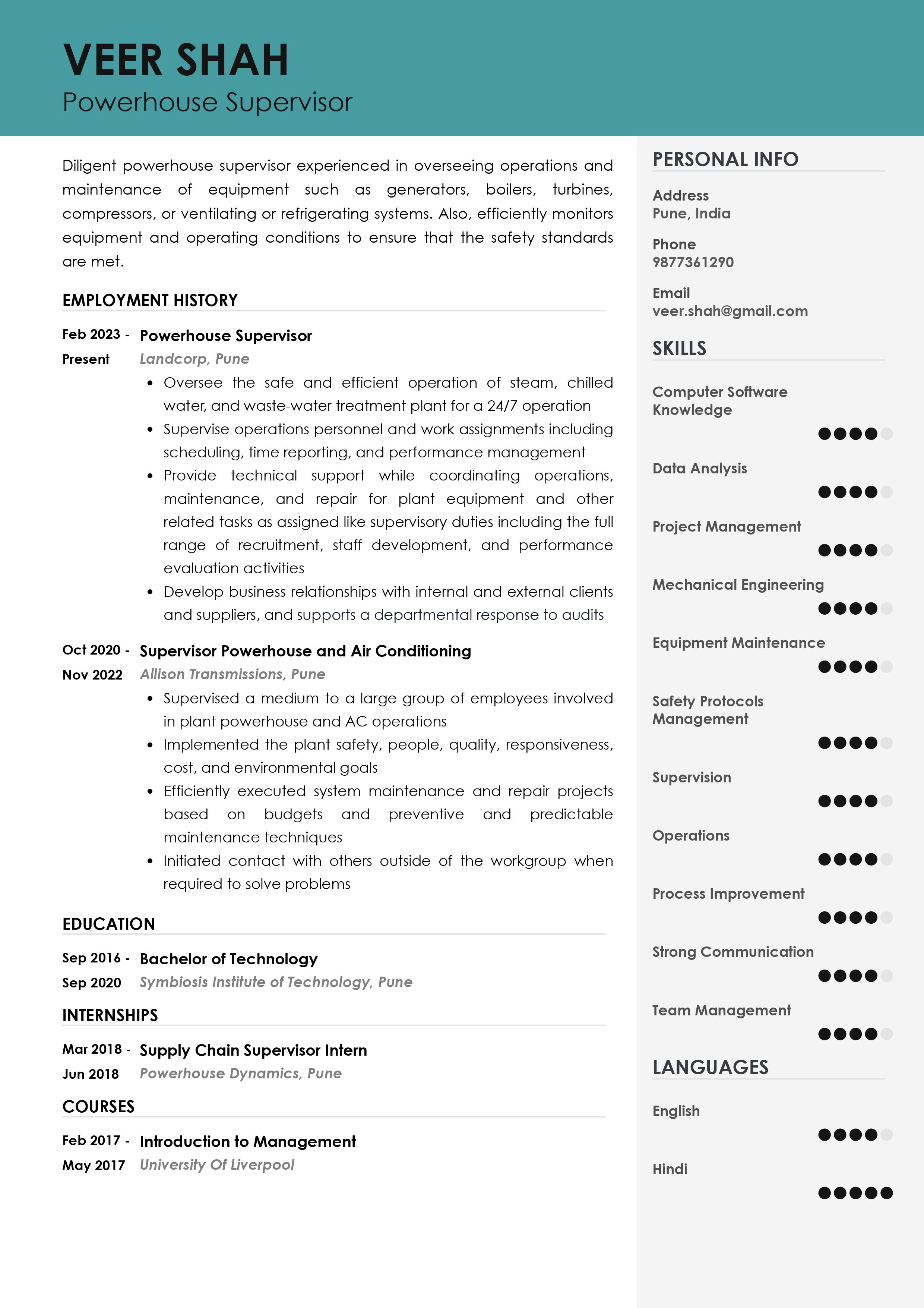 Sample Resume of Powerhouse Supervisor with Template & Writing Guide ...