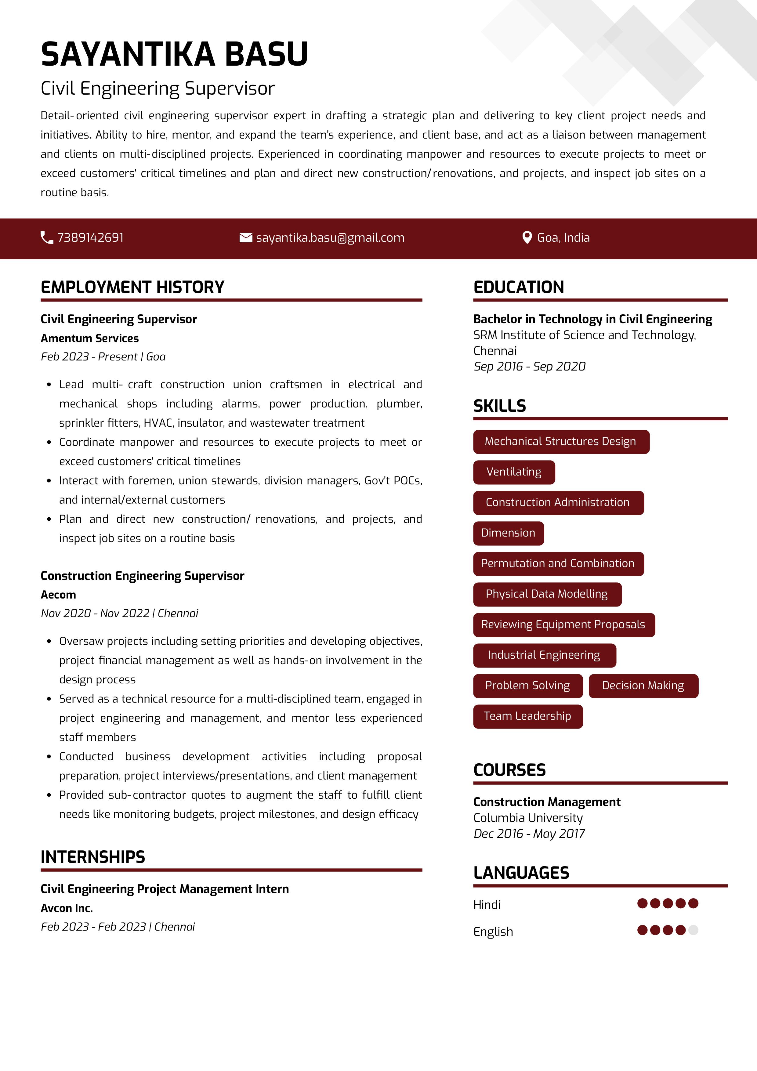 Sample Resume of Civil Engineering Supervisor with Template & Writing ...