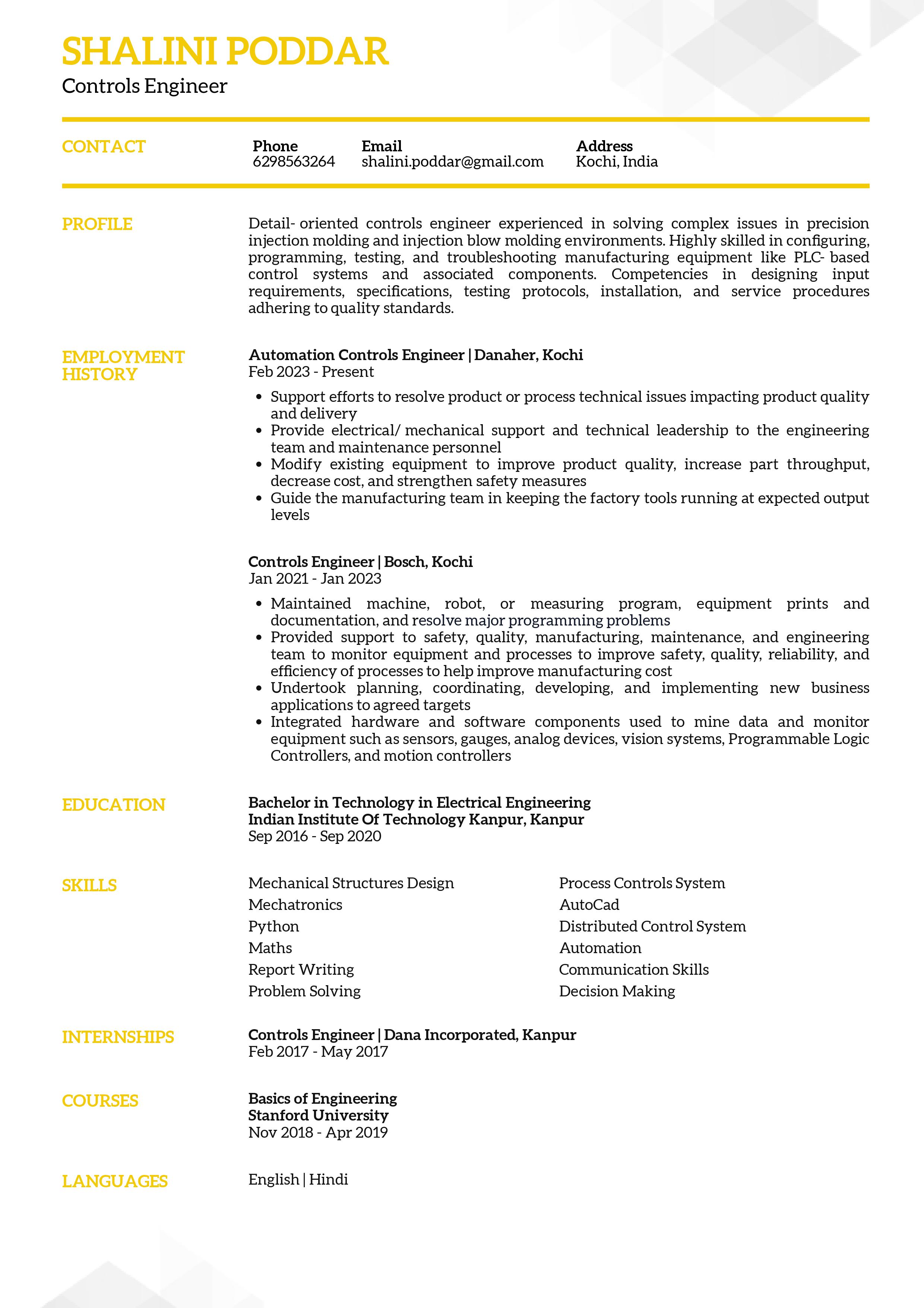 Sample Resume of Controls Engineer with Template & Writing Guide ...