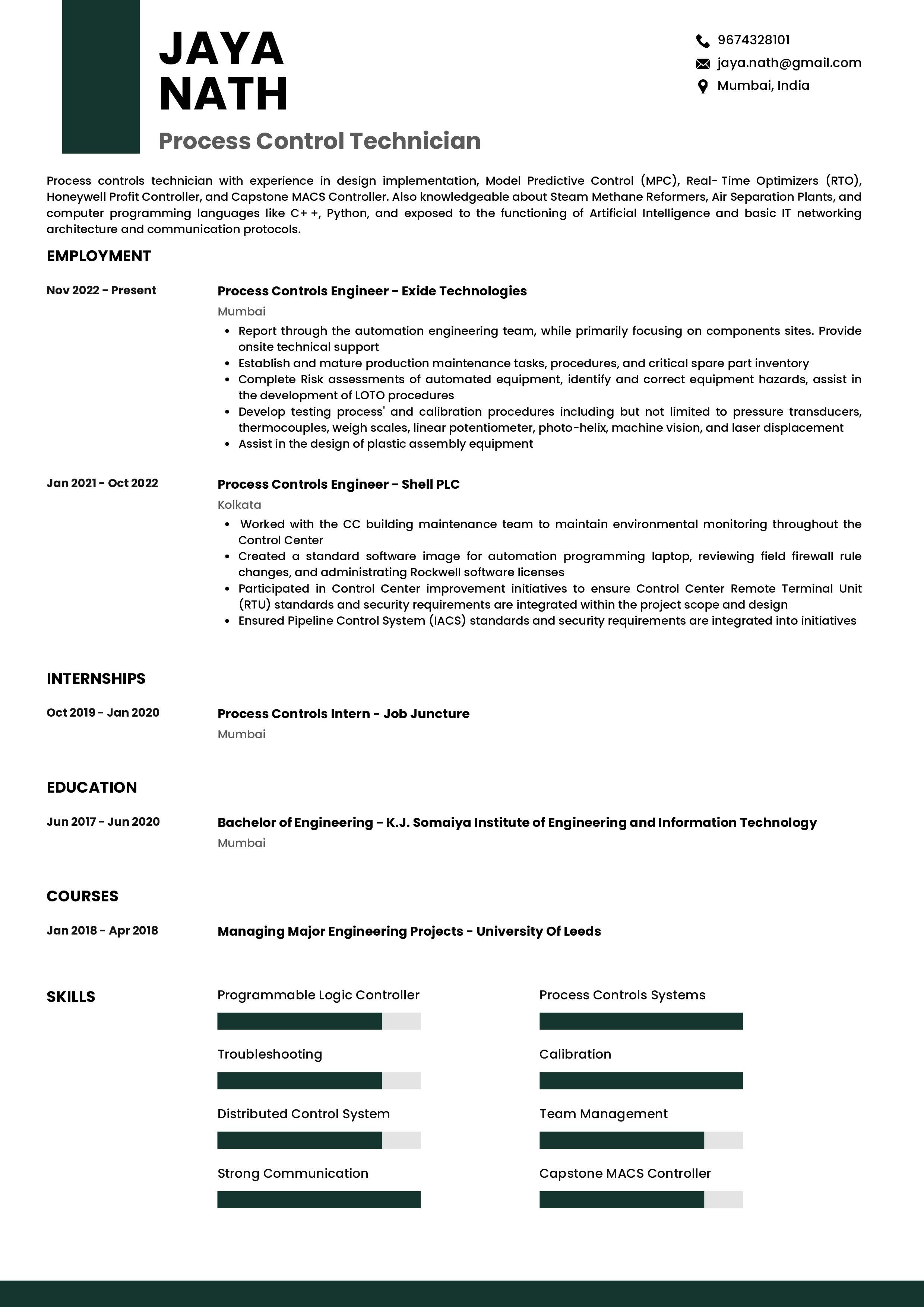 Sample Resume of Process Controls Technician with Template & Writing ...