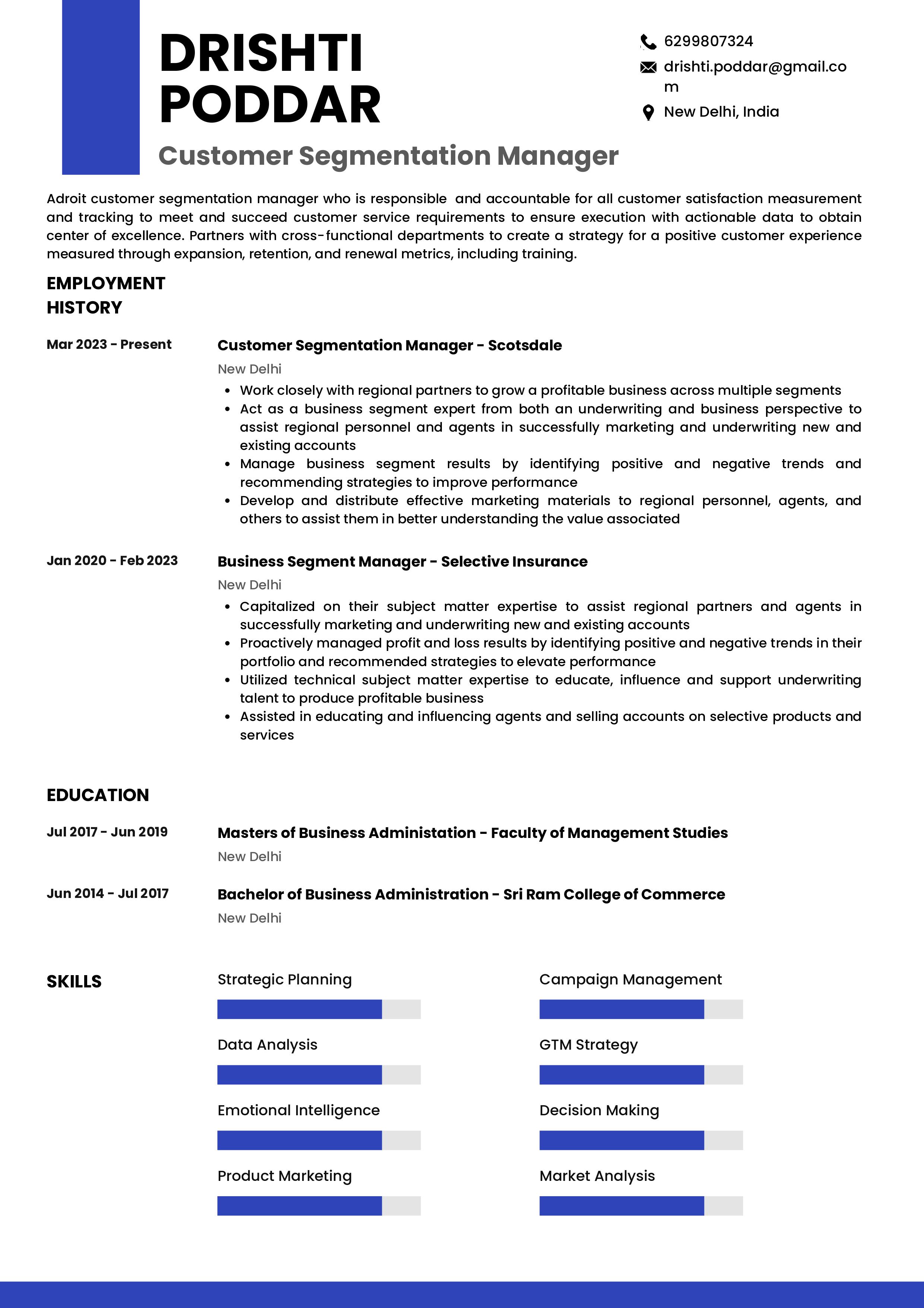 Sample Resume of Customer Segmentation Manager with Template & Writing Guide | Resumod.co