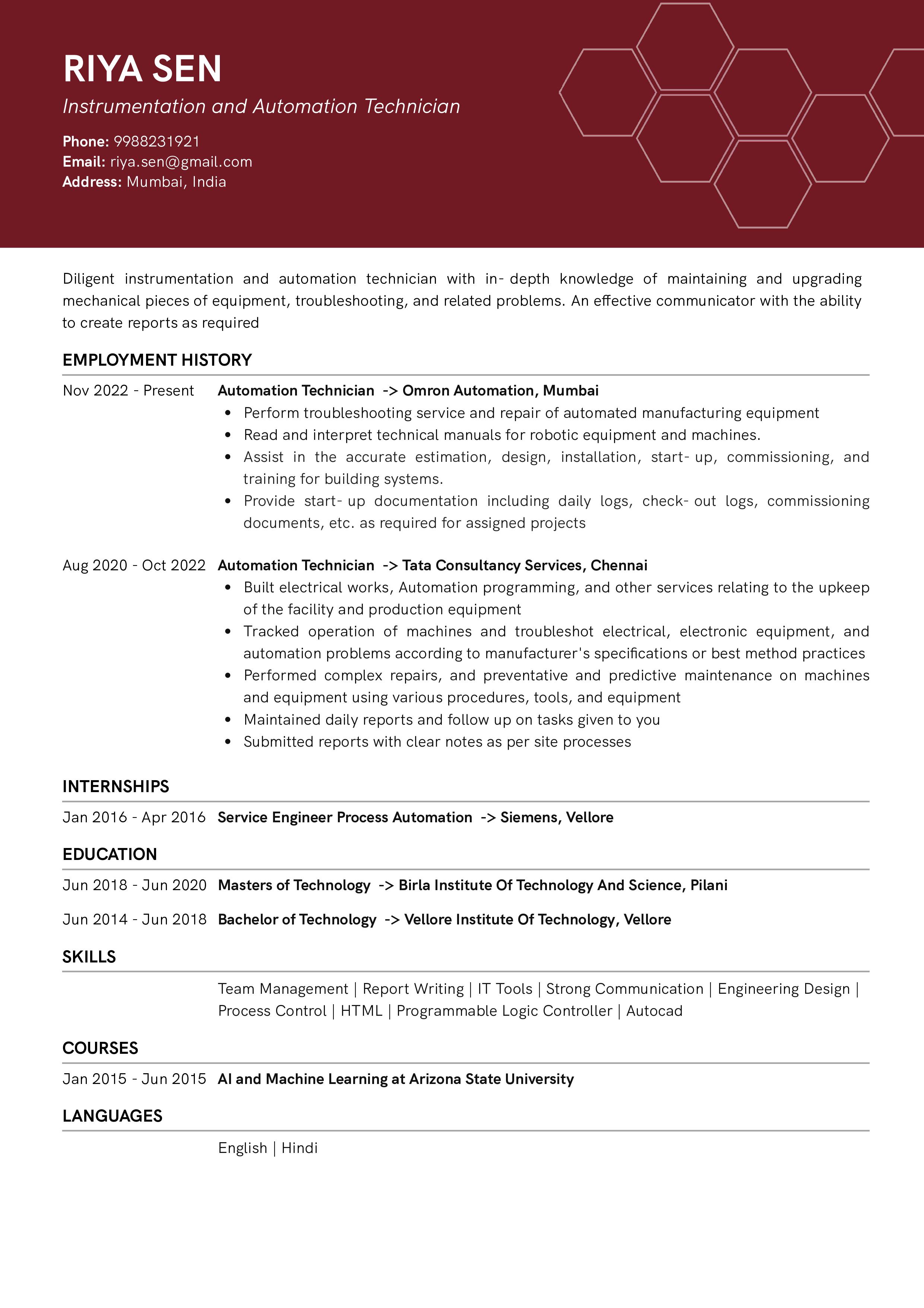 Sample Resume of Instrumentation and Automation Technician with ...