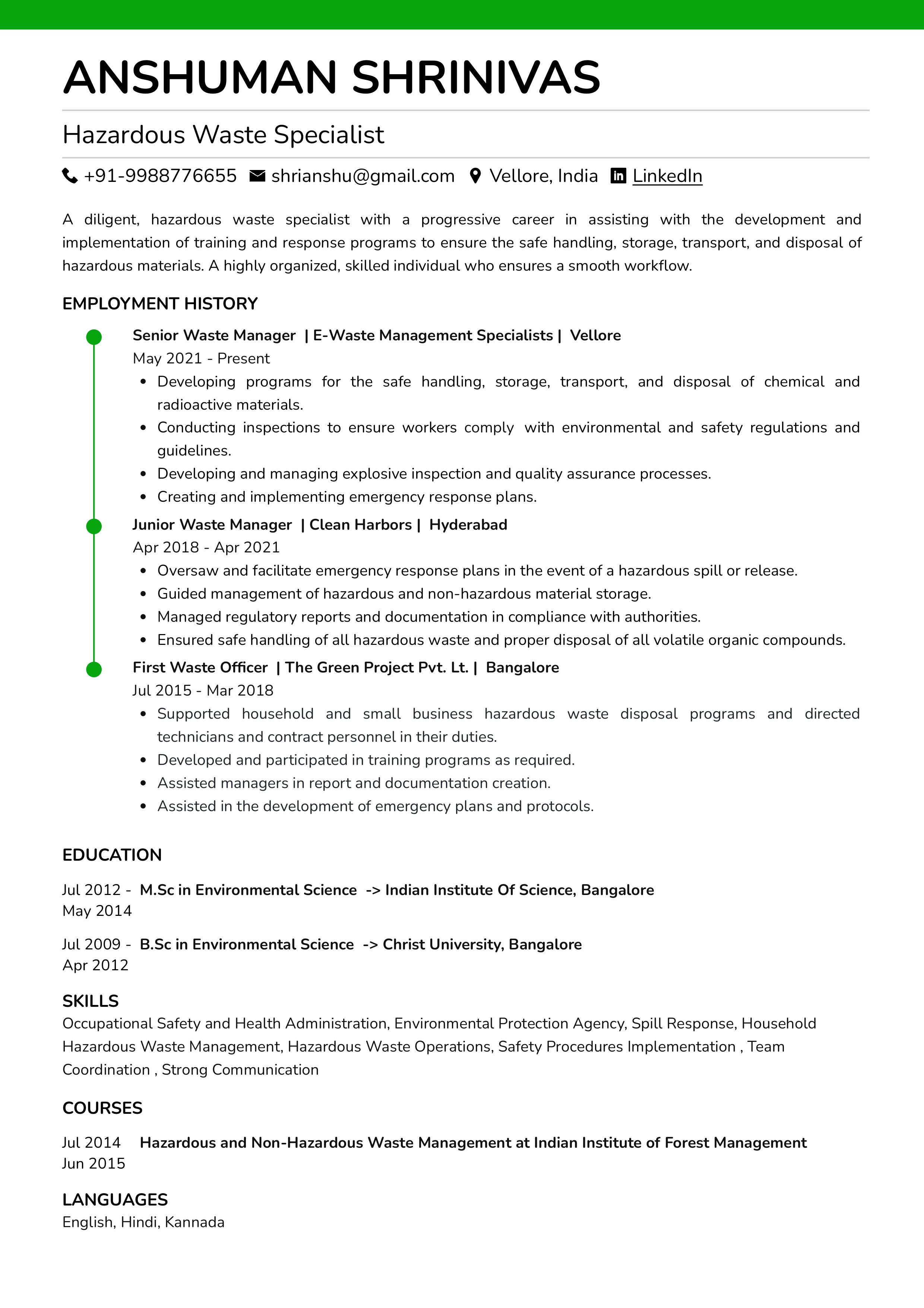 Sample Resume of Hazardous Waste Specialist with Template & Writing ...