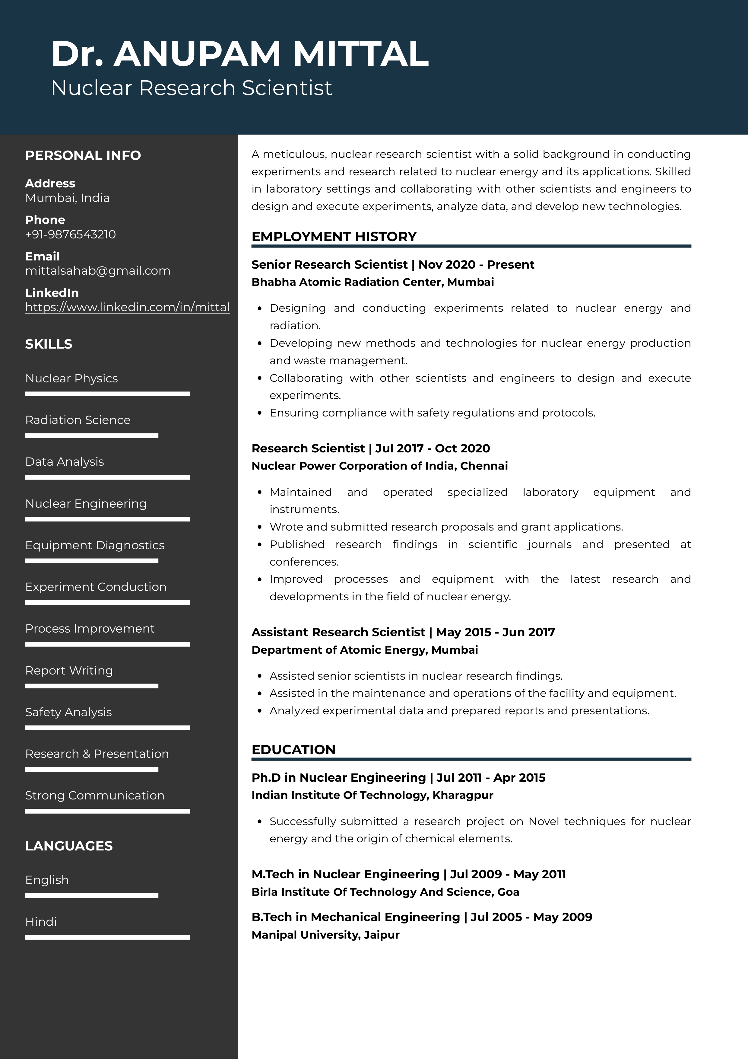 Sample Resume of Nuclear Research Scientist with Template & Writing ...