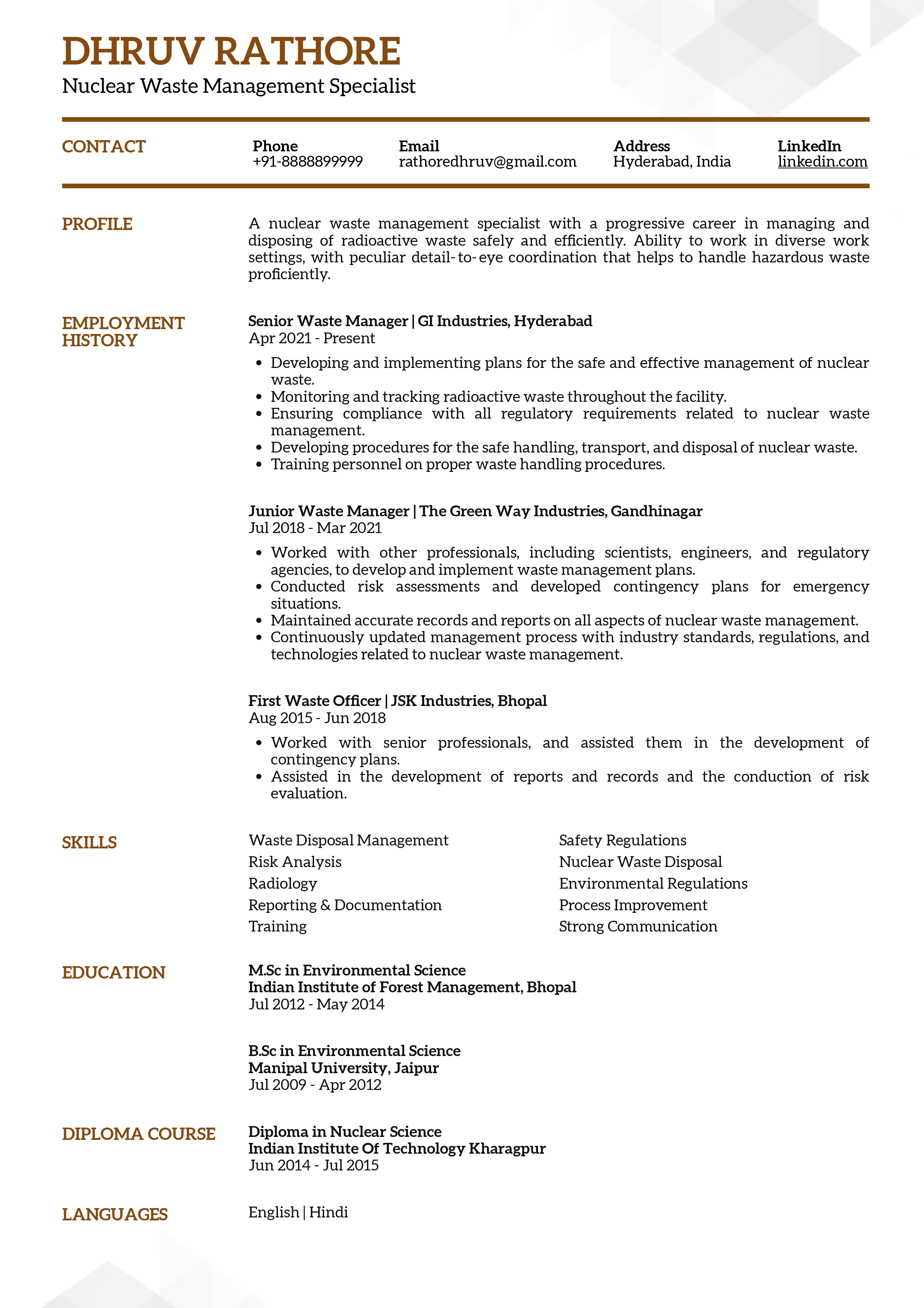 Sample Resume of Nuclear Waste Management Specialist with Template ...