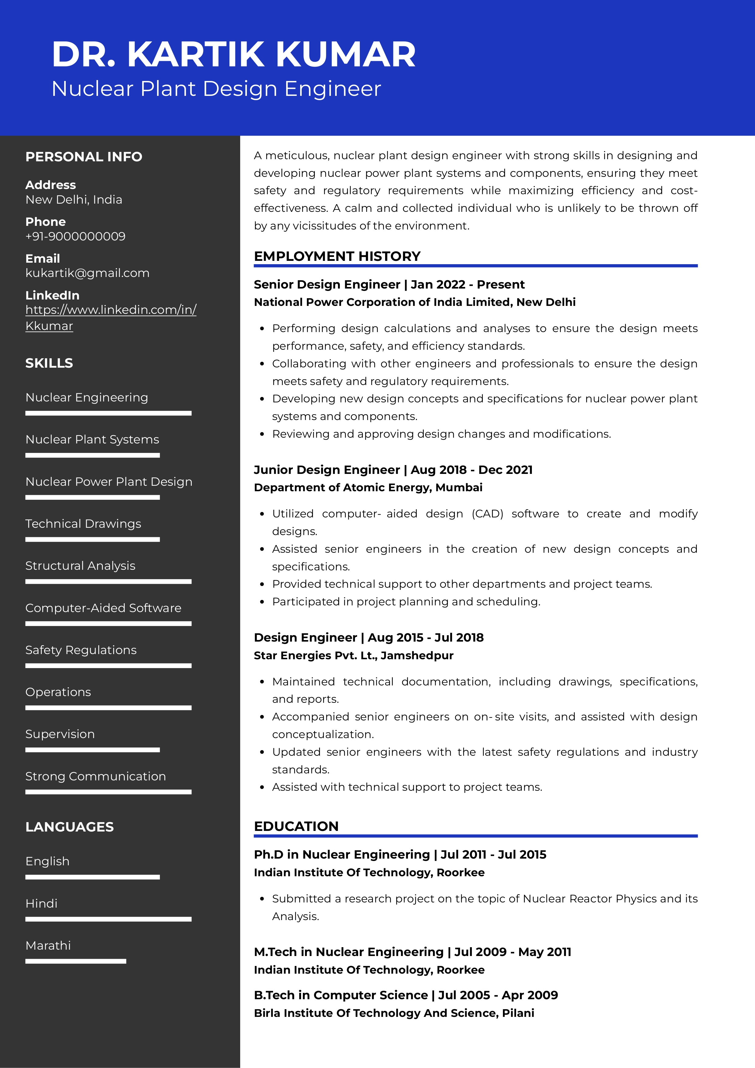 Sample Resume of Nuclear Plant Design Engineer with Template & Writing Guide | Resumod.co