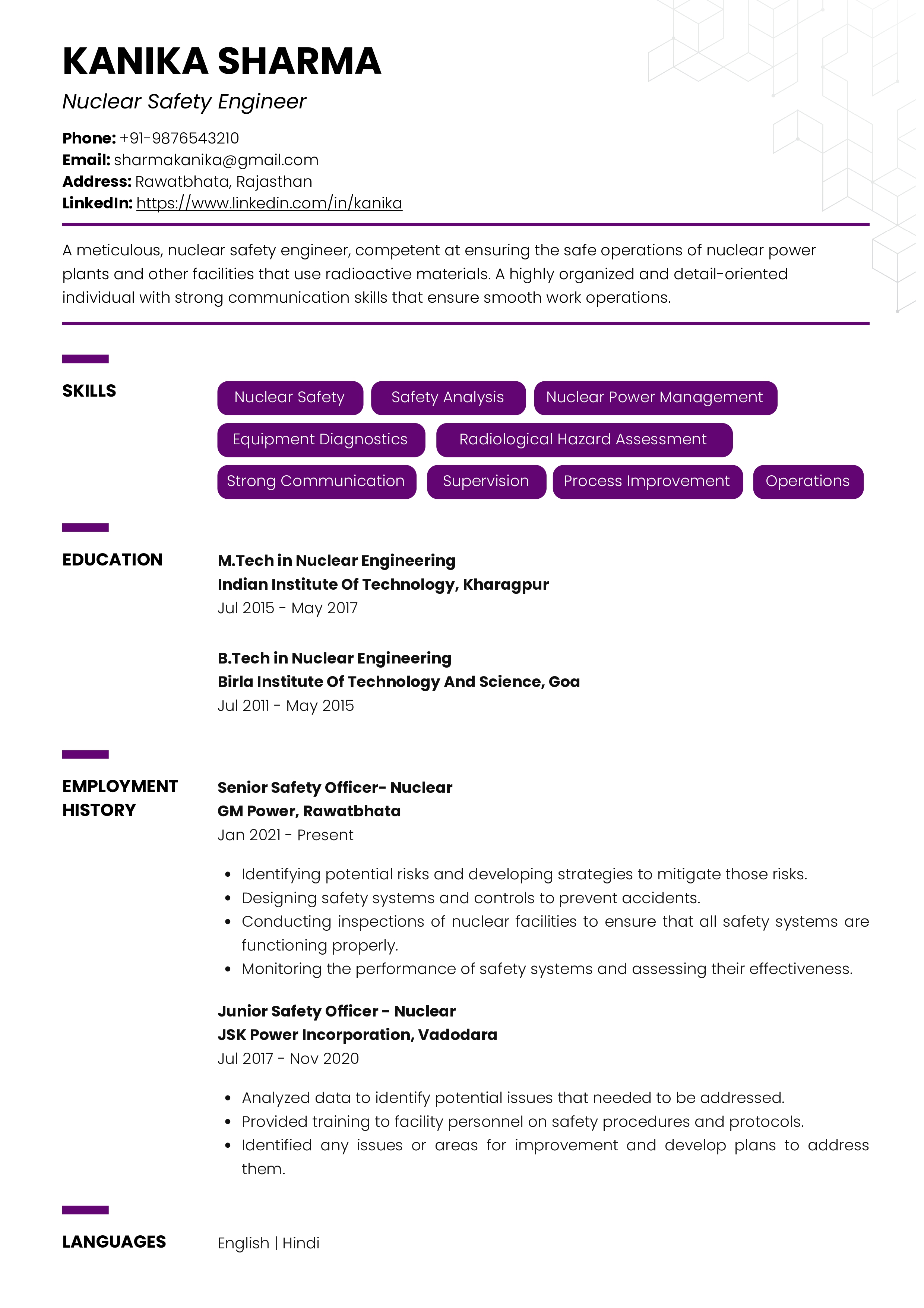 Sample Resume of Nuclear Safety Engineer with Template & Writing Guide ...