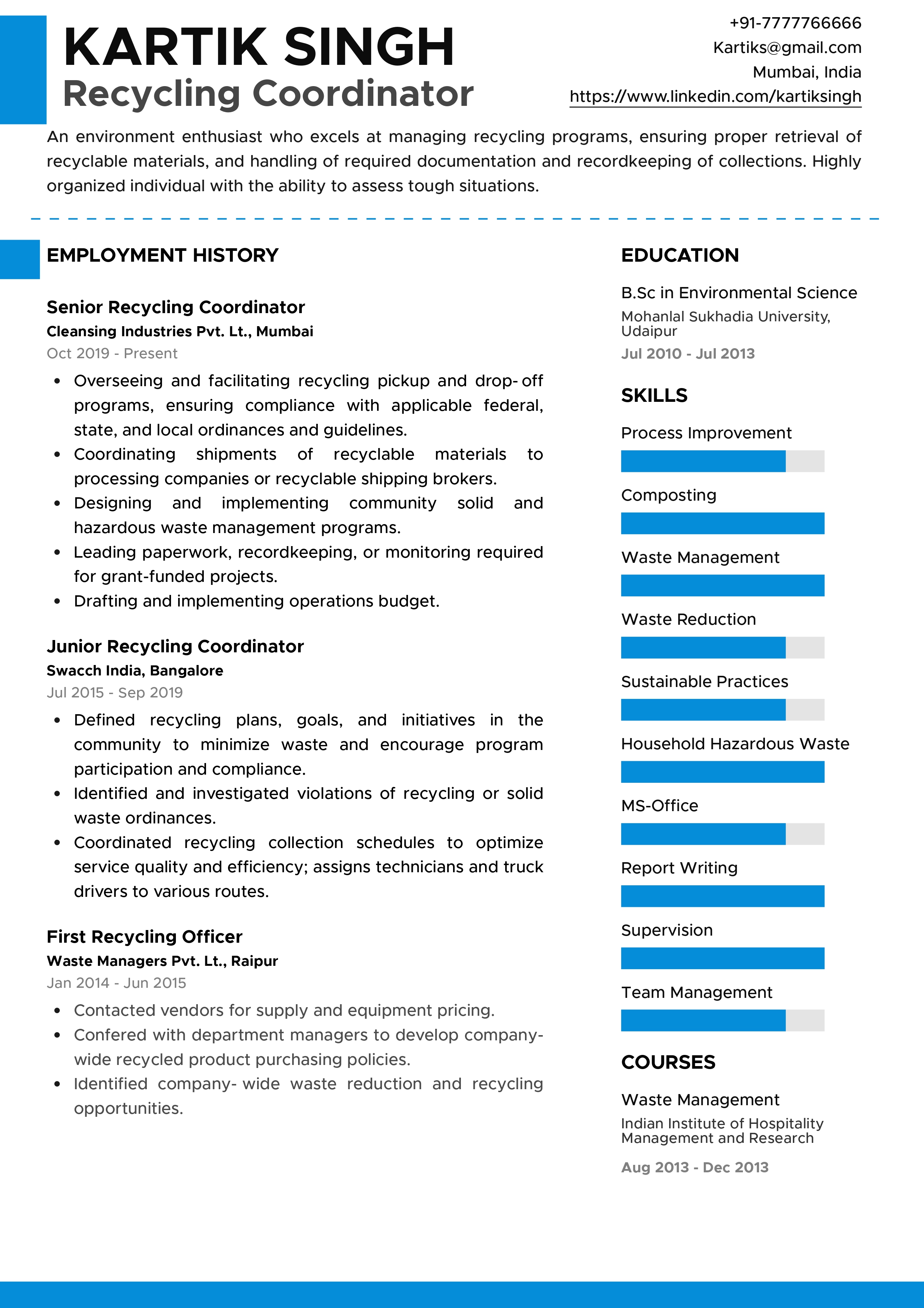 Sample Resume of Recycling Coordinator with Template & Writing Guide ...
