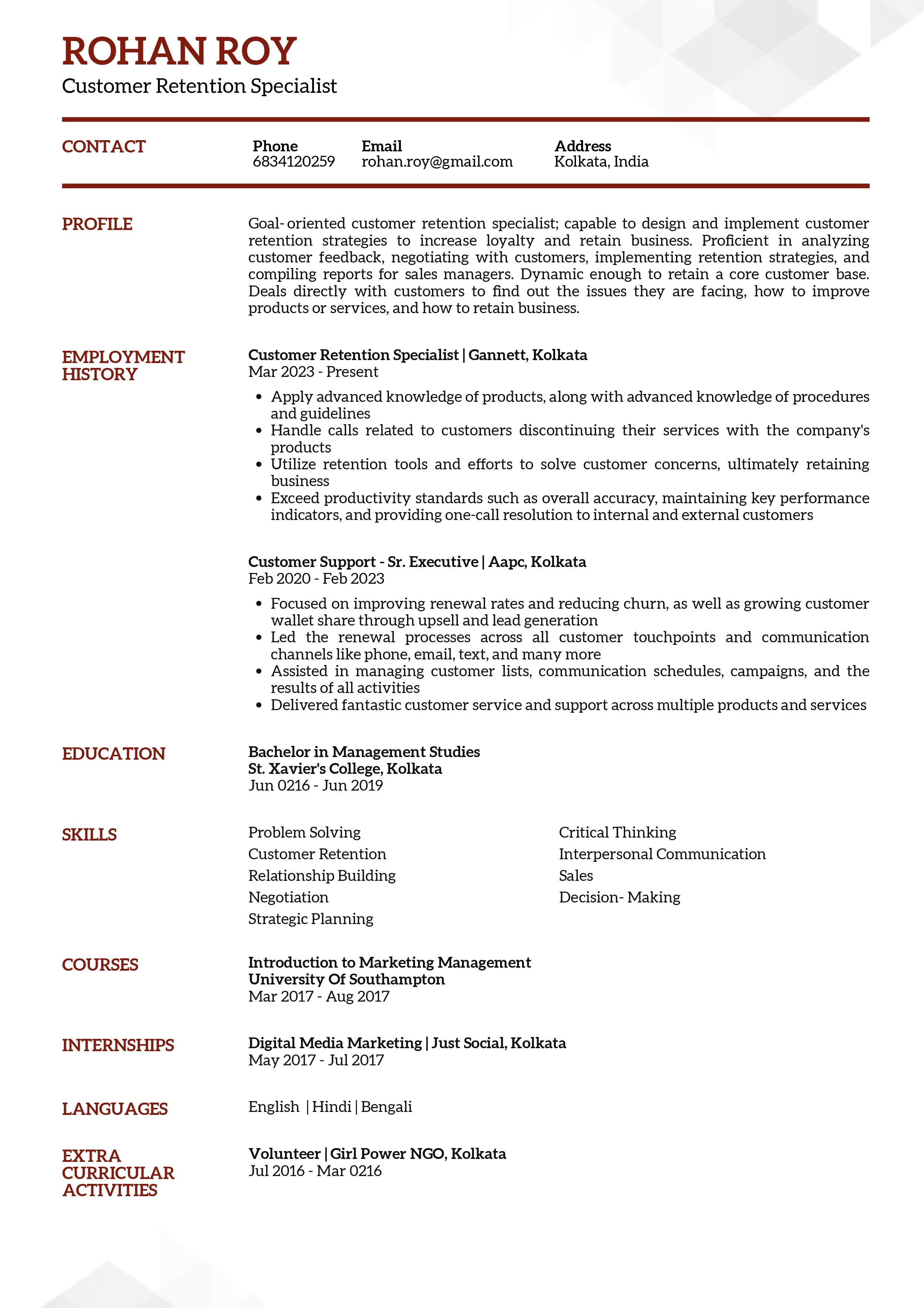 Sample Resume of Customer Retention Specialist with Template & Writing ...