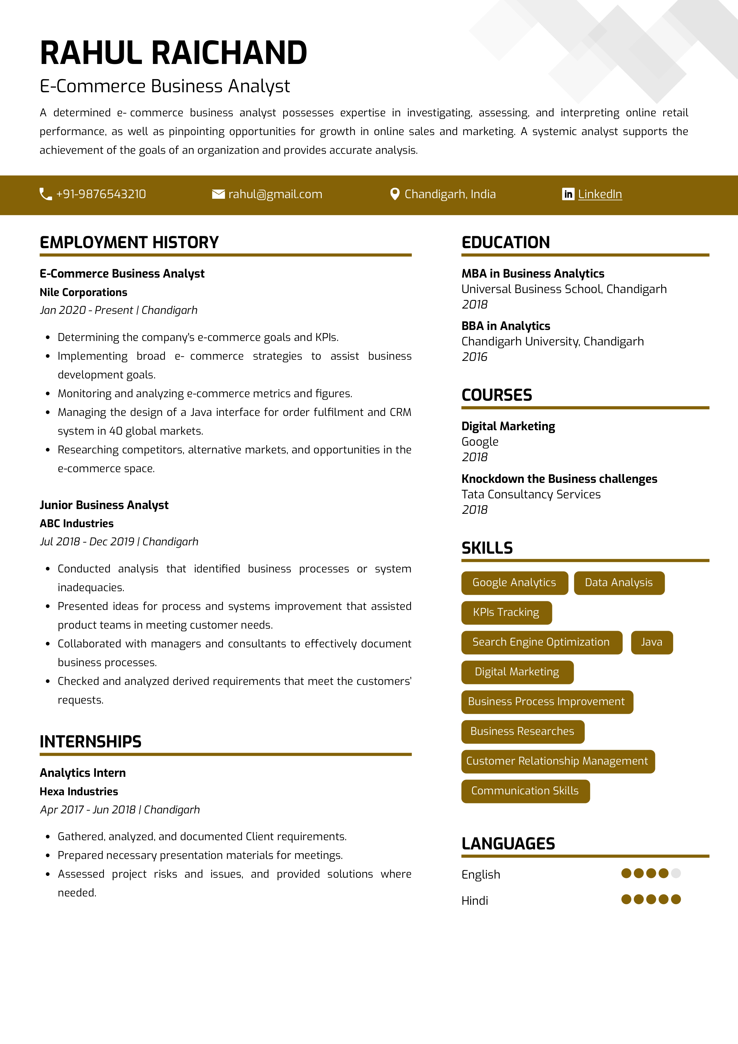 Sample Resume of E-Commerce Business Analyst with Template & Writing Guide | Resumod.co