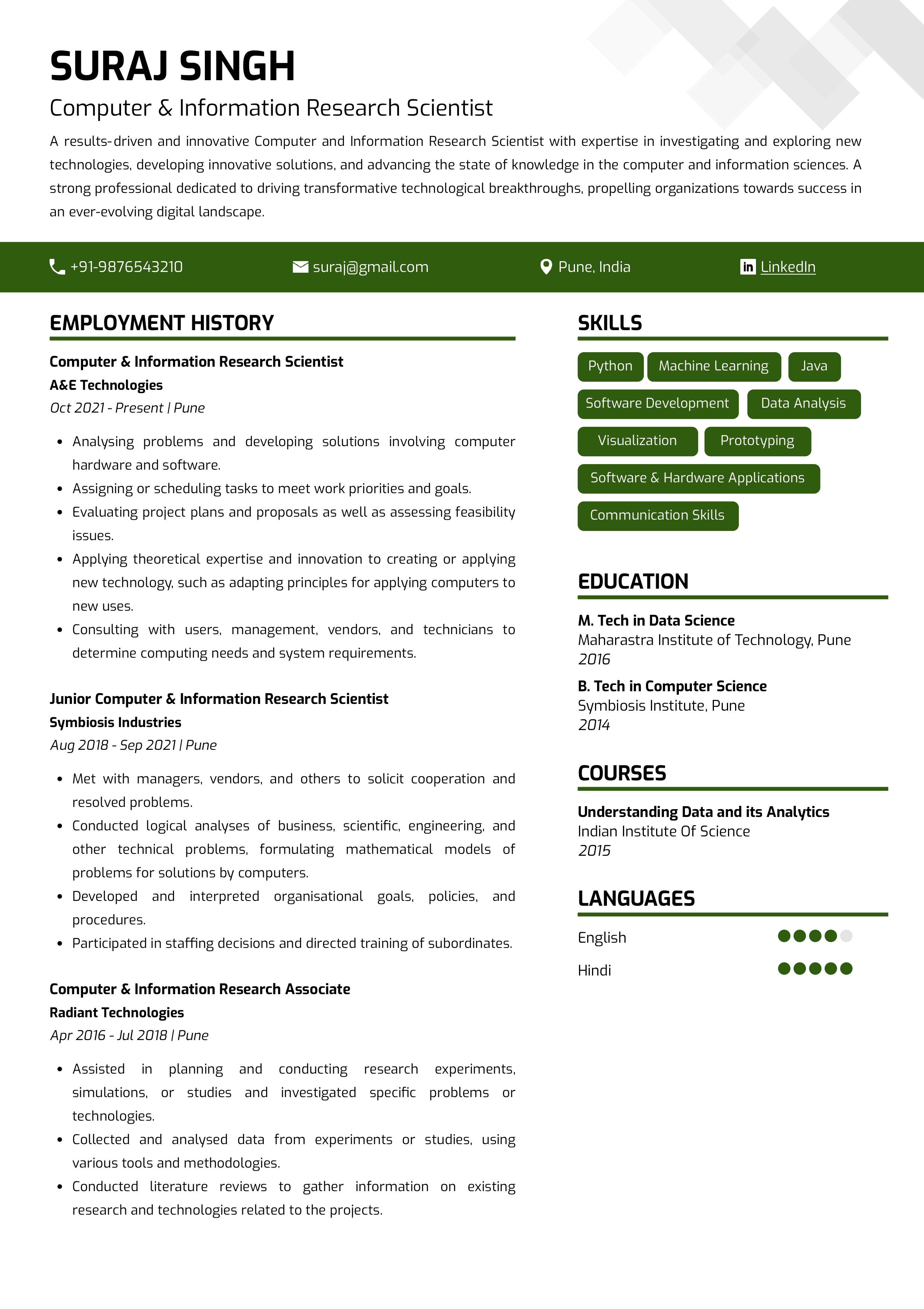 Sample Resume of Computer and Information Research Scientist with ...