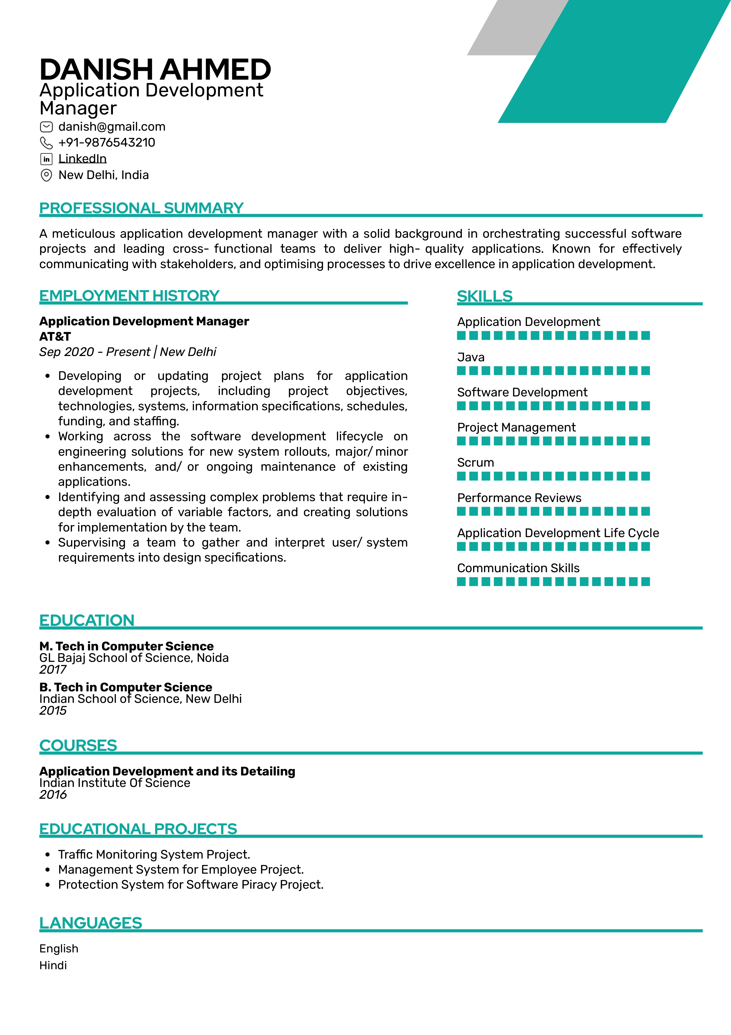 Sample Resume of Application Development Manager with Template ...