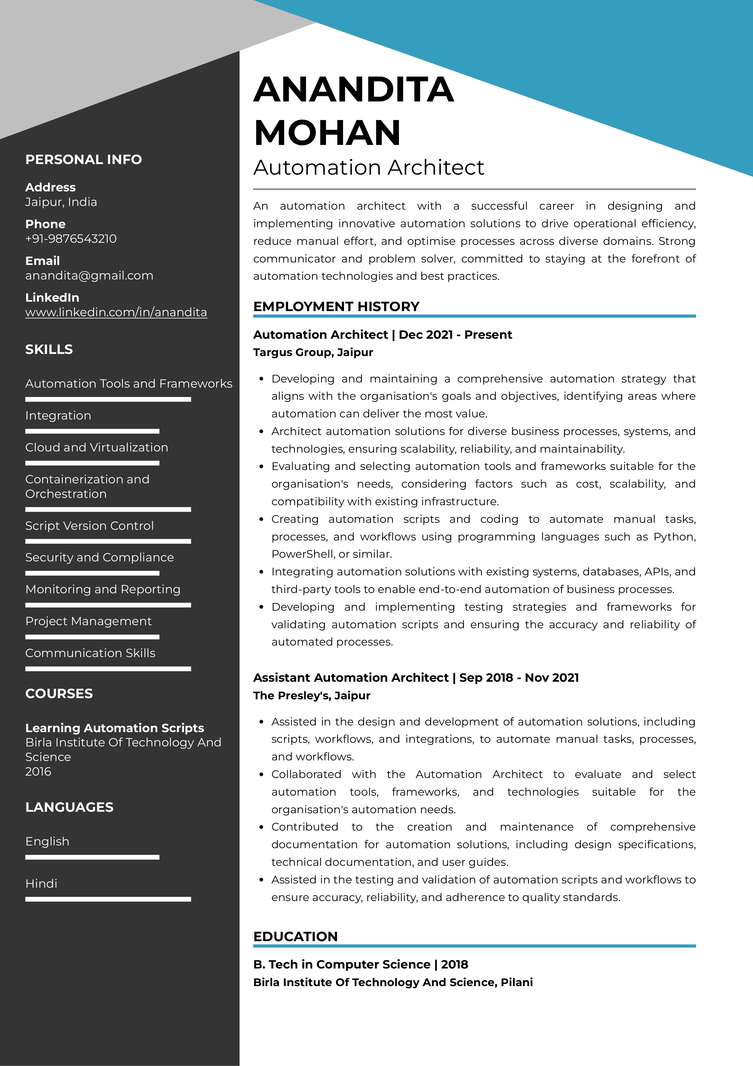 Sample Resume of Automation Architect with Template & Writing Guide ...