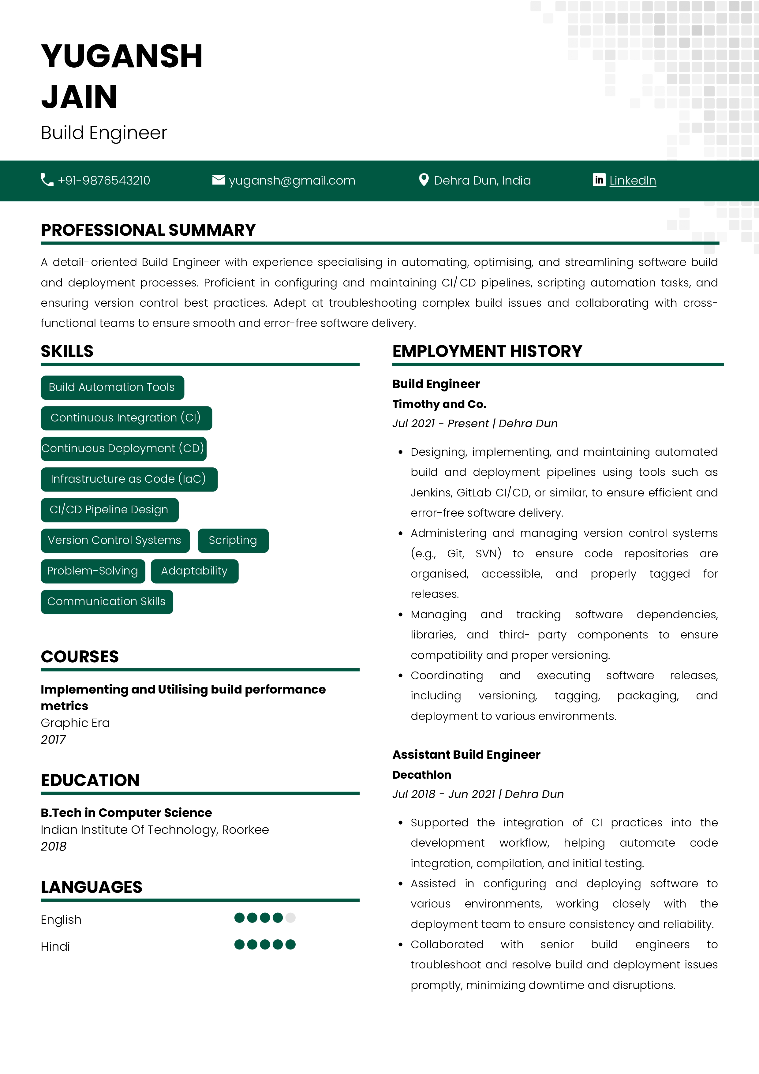 Sample Resume of Build Engineer with Template & Writing Guide | Resumod.co