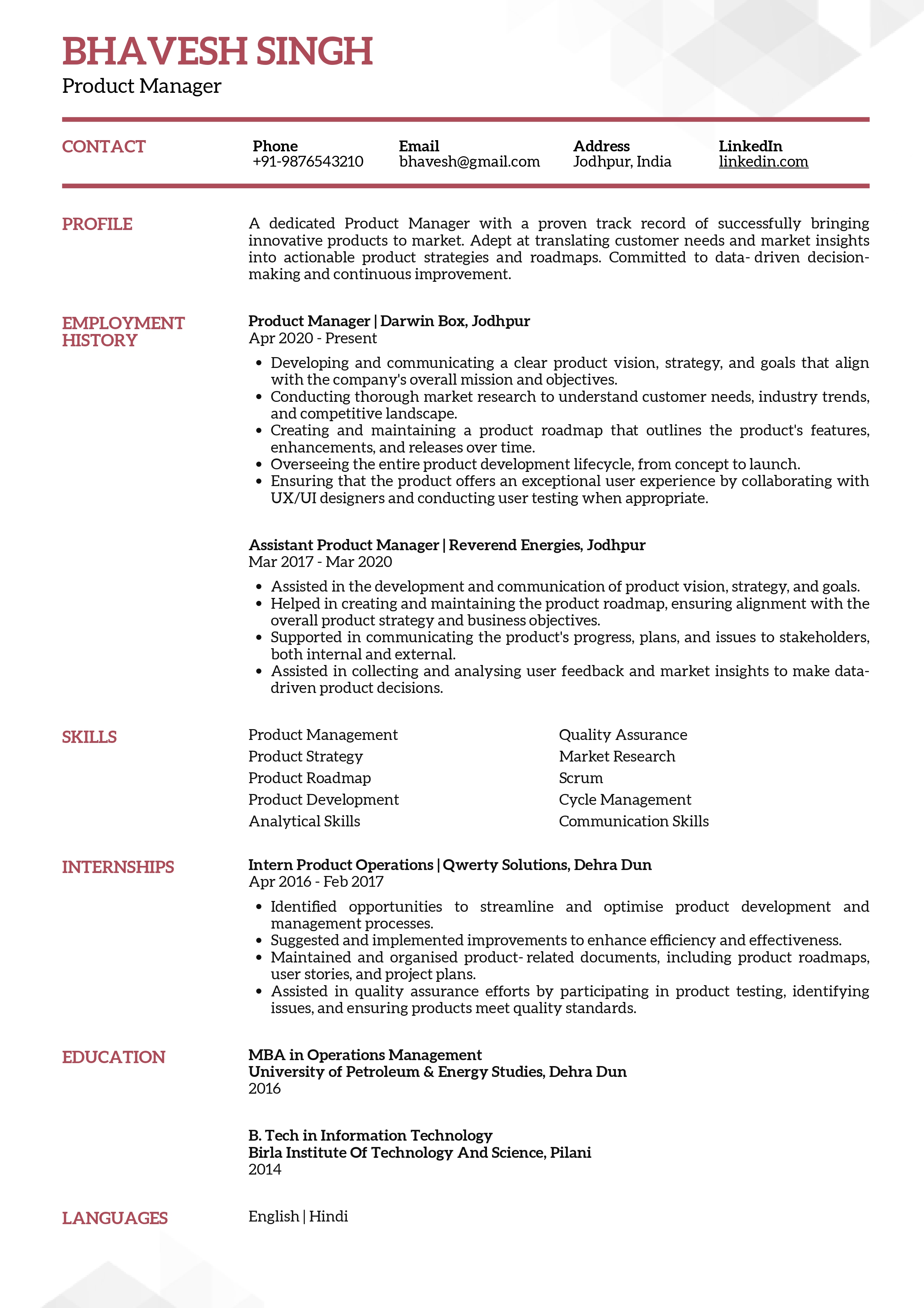 Sample Resume of Product Manager with Template & Writing Guide | Resumod.co