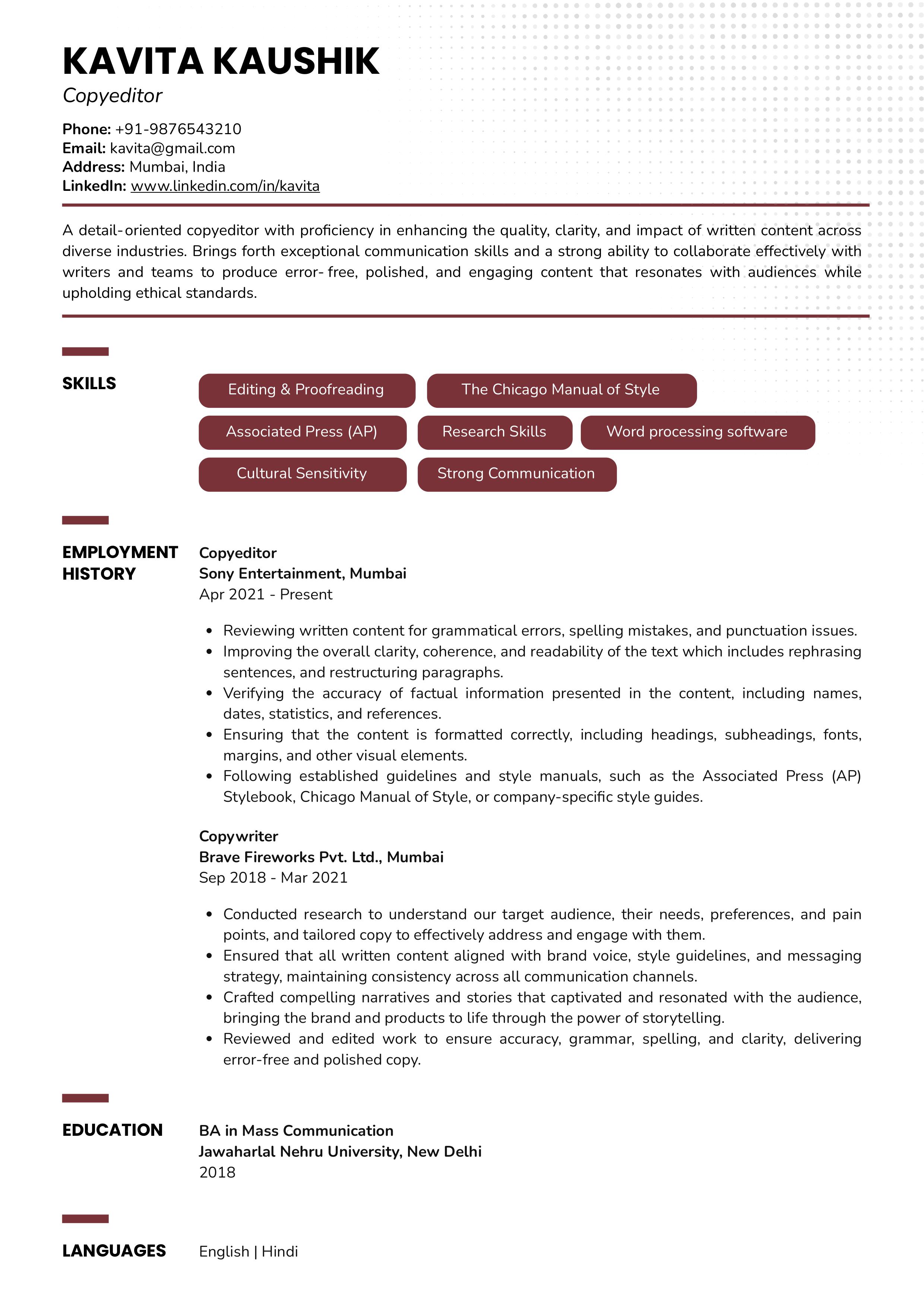Sample Resume of Copyeditor with Template & Writing Guide | Resumod.co