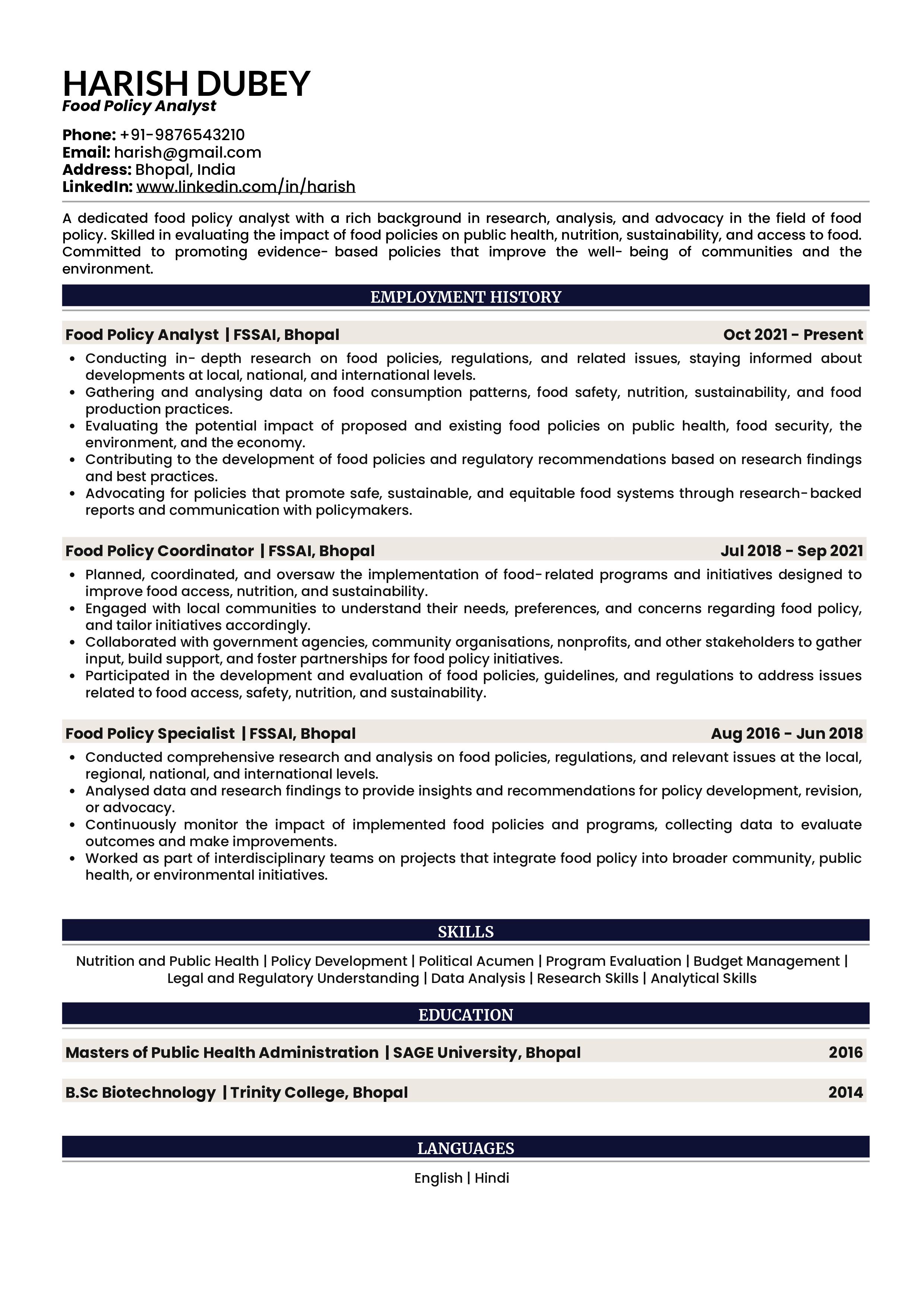 Sample Resume of Food Policy Analyst with Template & Writing Guide ...
