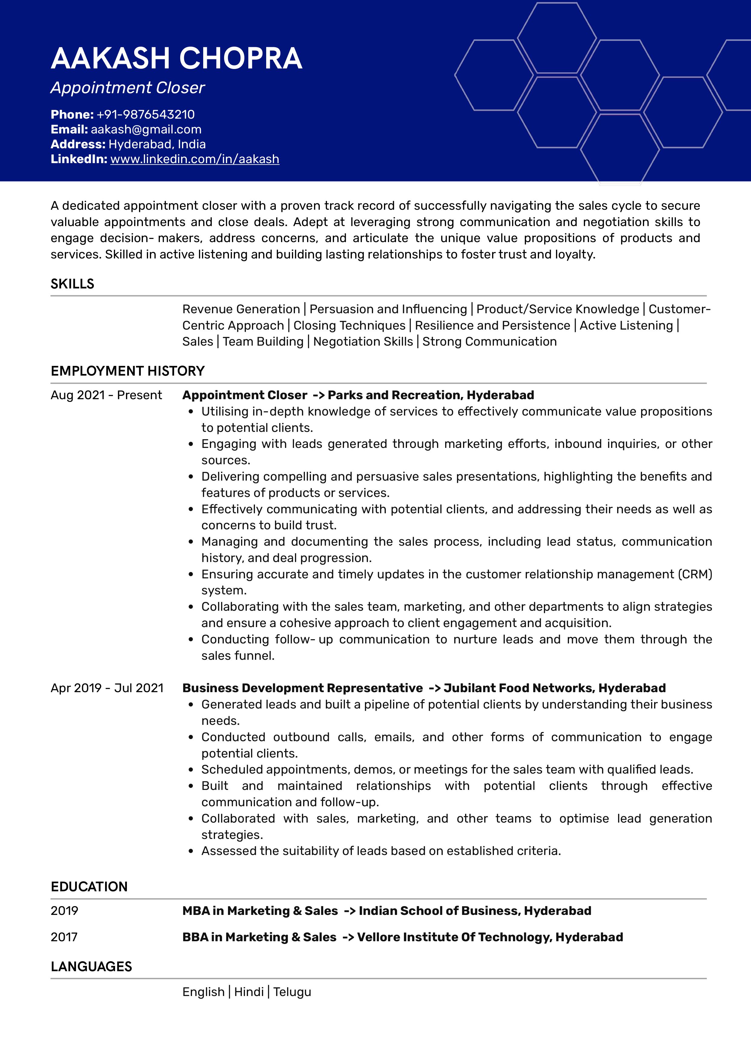 Sample Resume of Appointment Closer with Template & Writing Guide ...