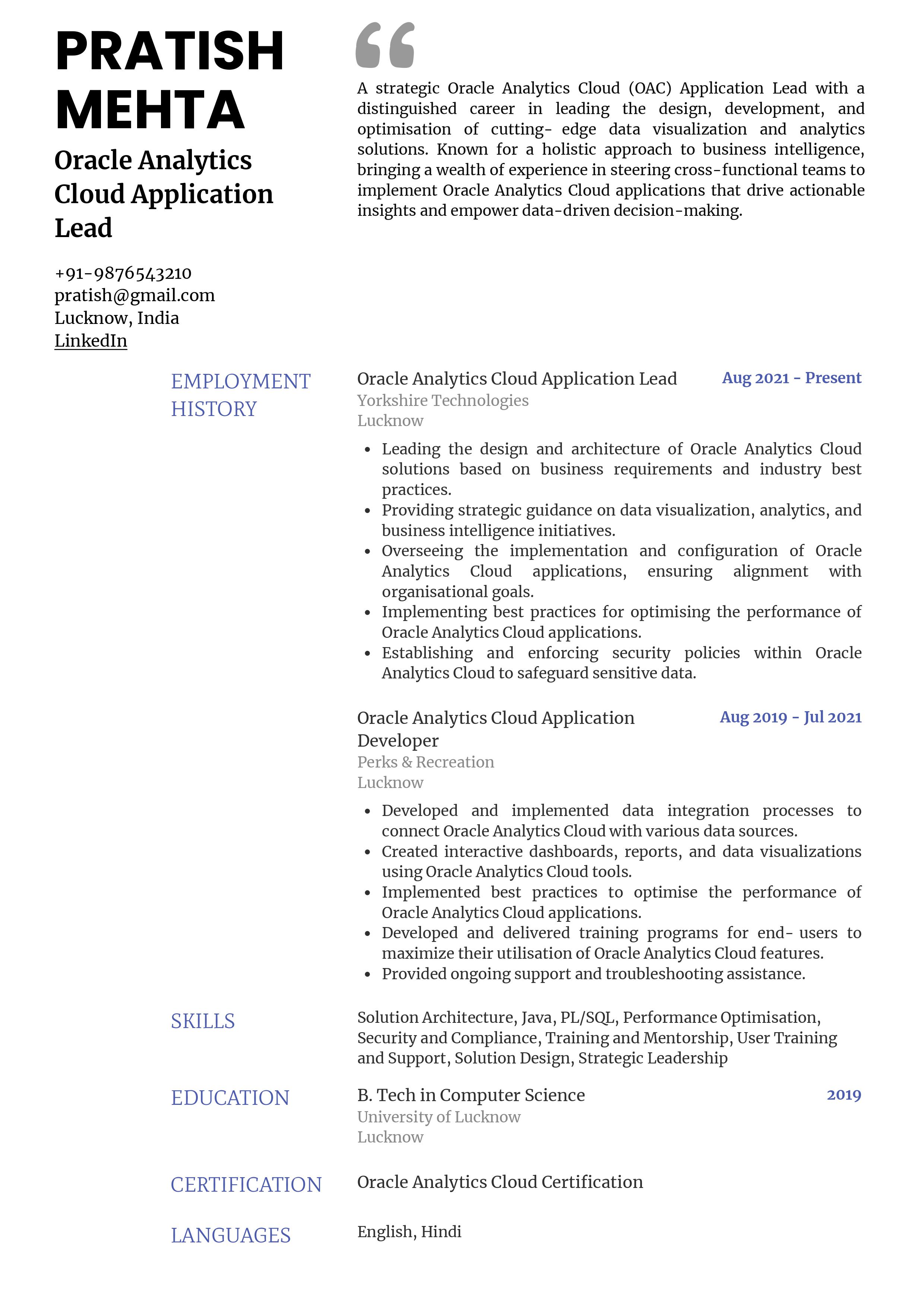 Sample Resume Of Oracle Analytics Cloud Application Lead With Template