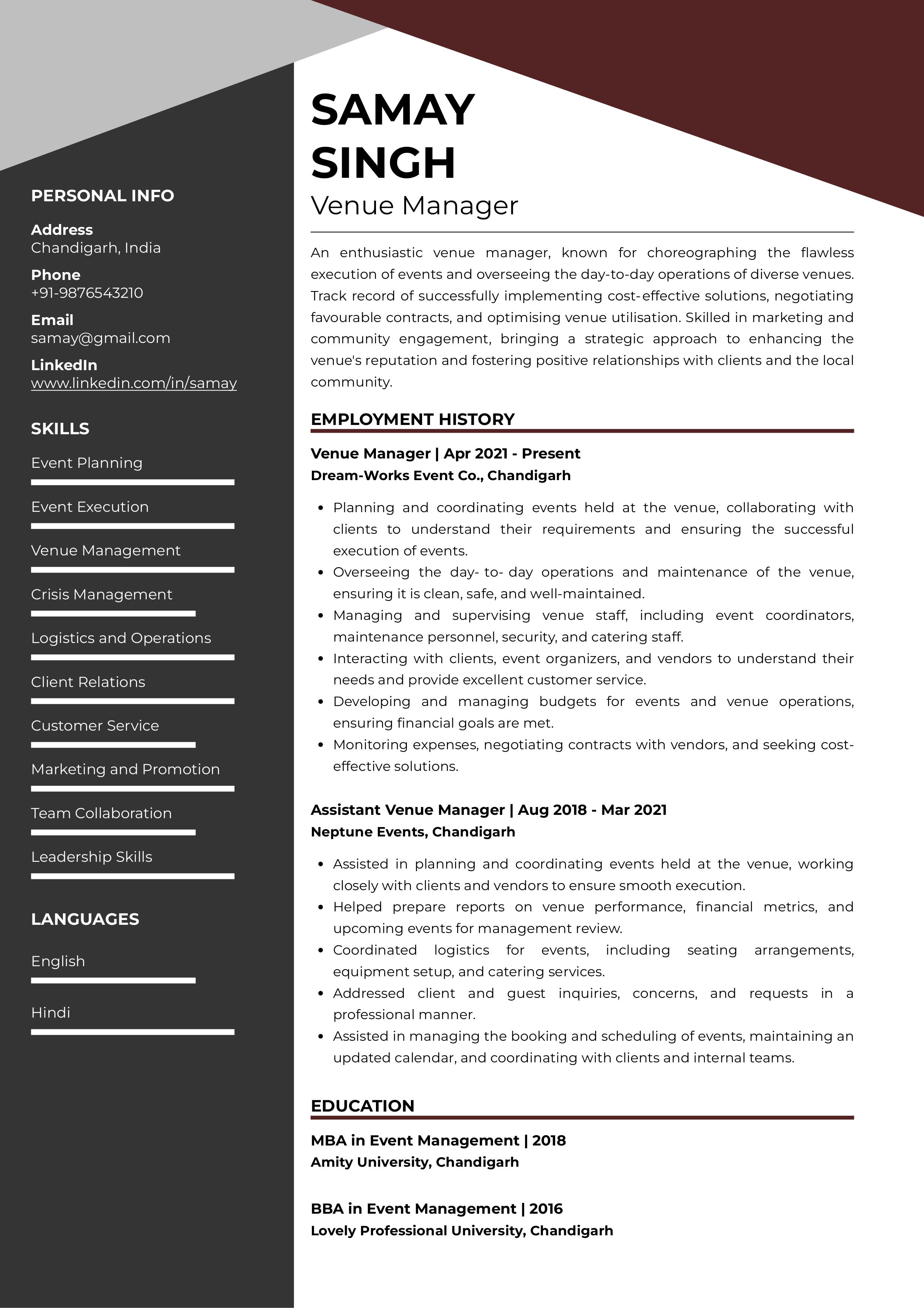 Sample Resume of Venue Manager with Template & Writing Guide | Resumod.co