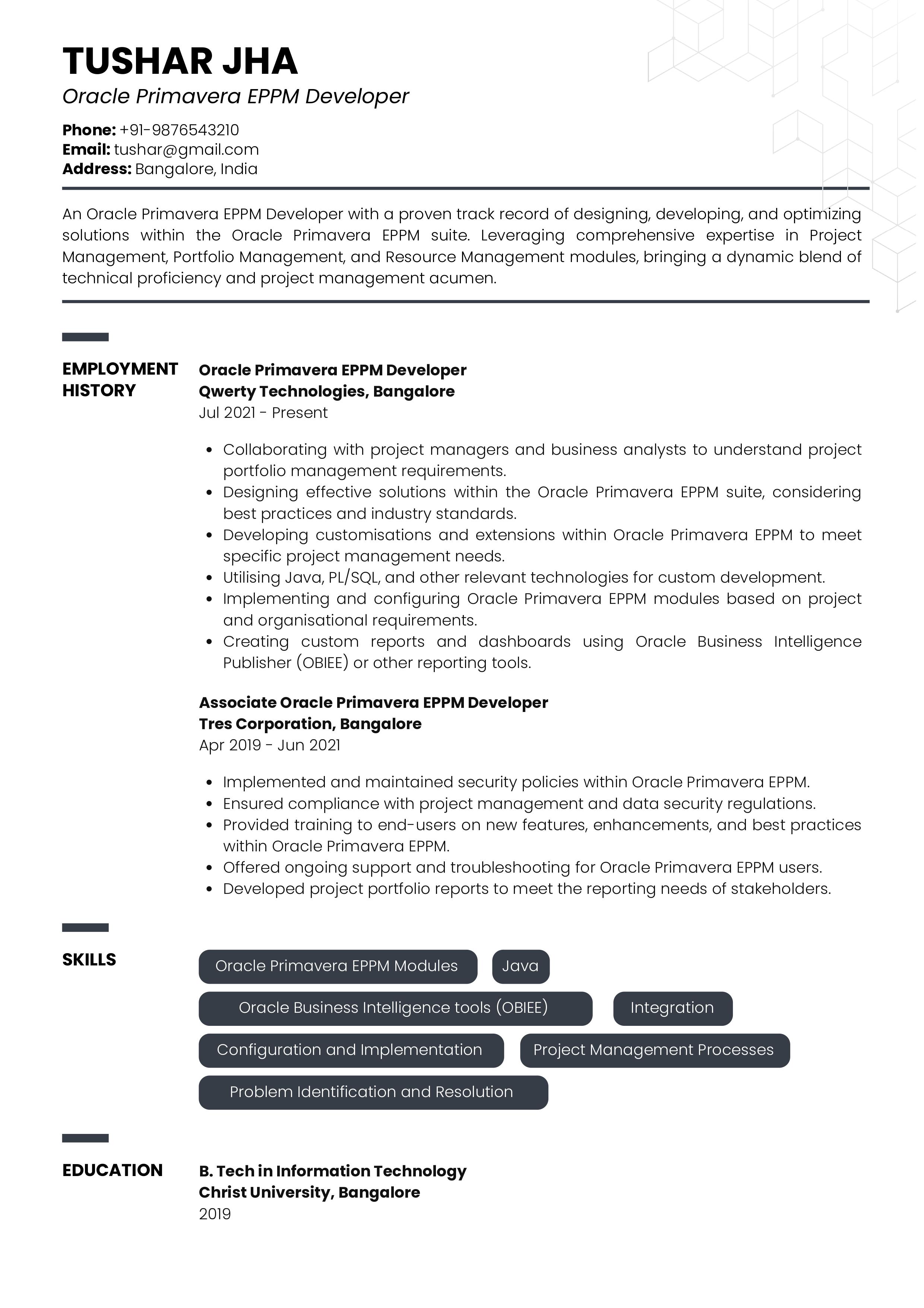Sample Resume Of Oracle Primavera Eppm Developer With Template And Writing Guide