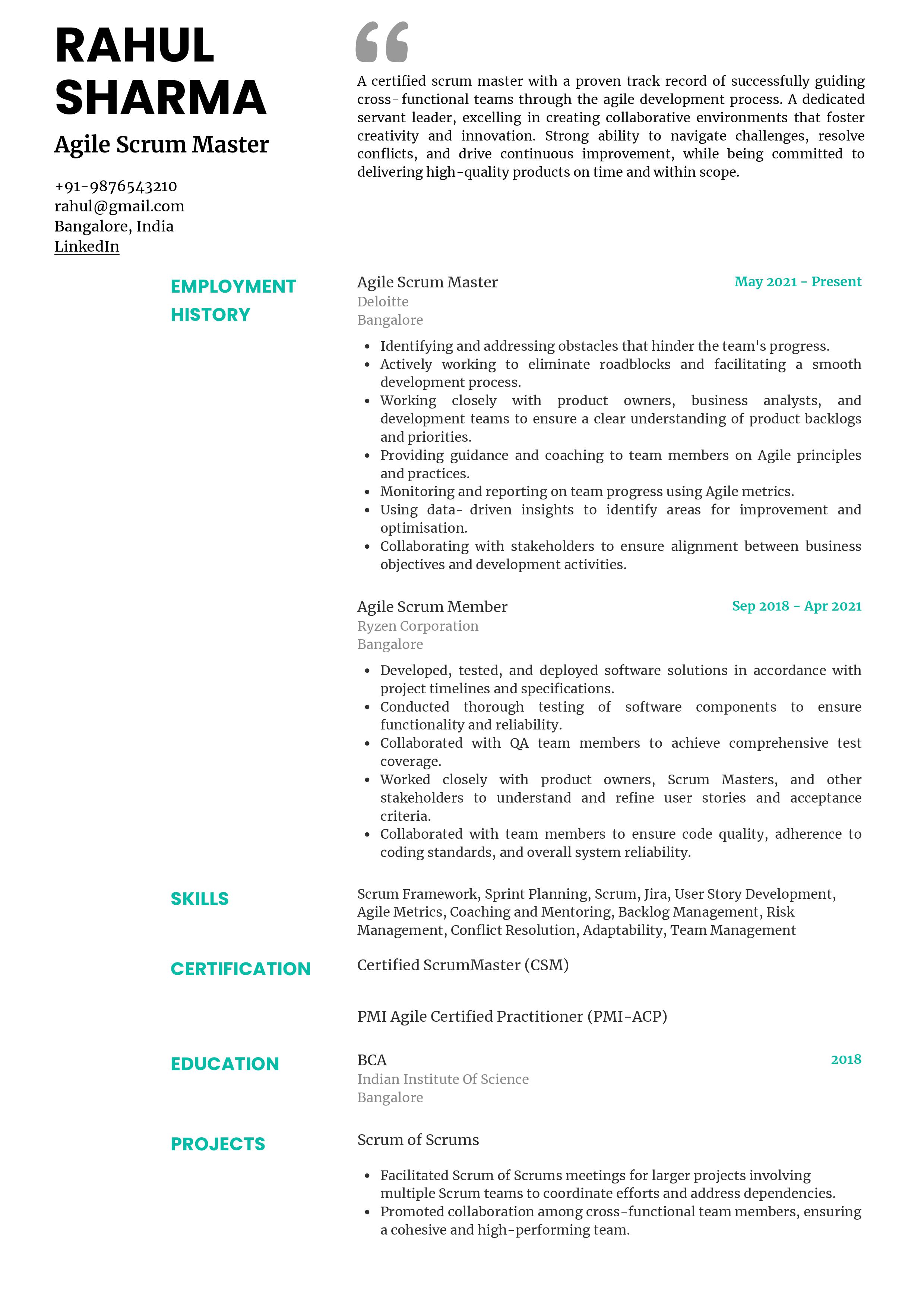 Sample Resume of Agile Scrum Master with Template & Writing Guide ...