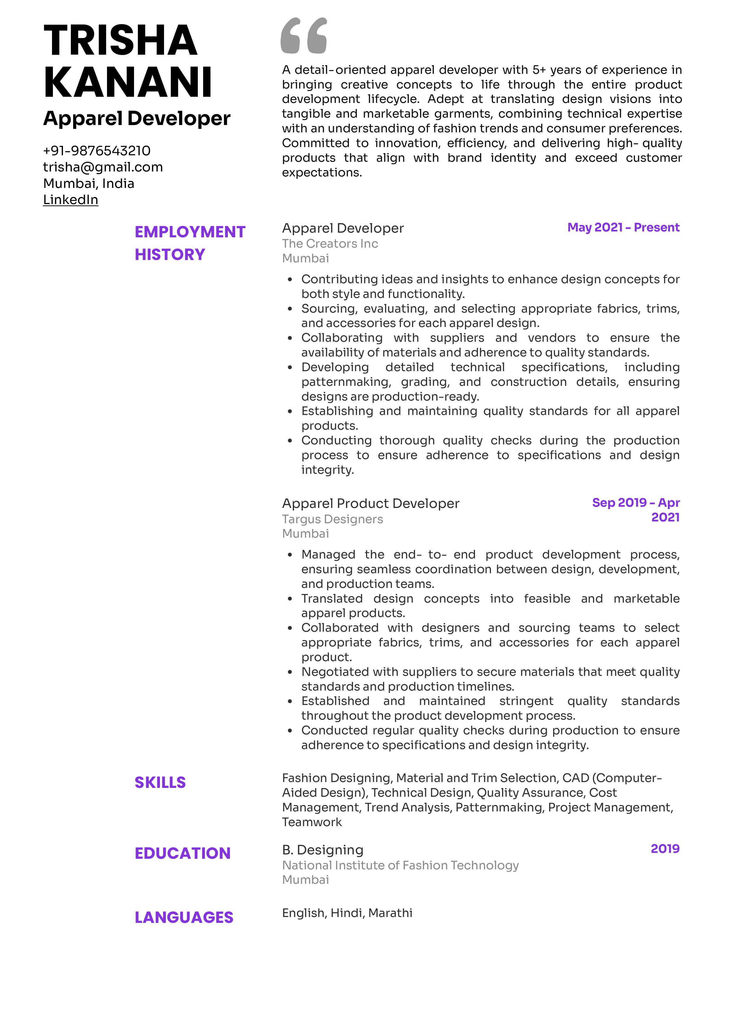 Sample Resume of Apparel Developer with Template & Writing Guide | Resumod.co