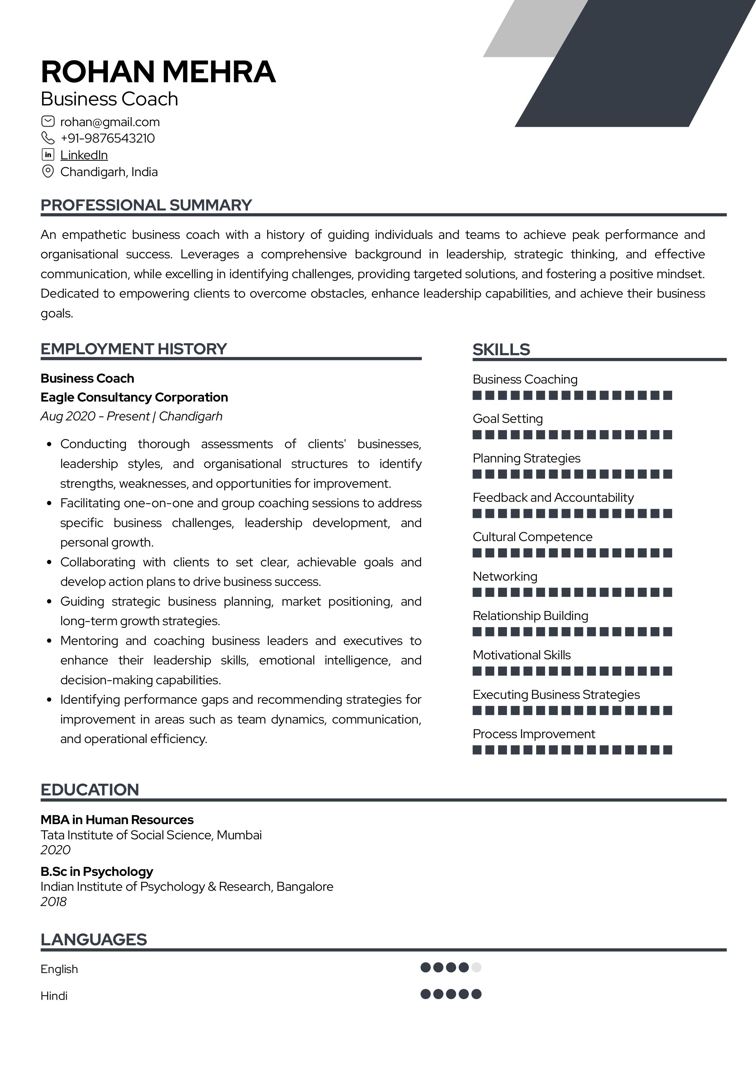 Sample Resume of Business Coach with Template & Writing Guide | Resumod.co