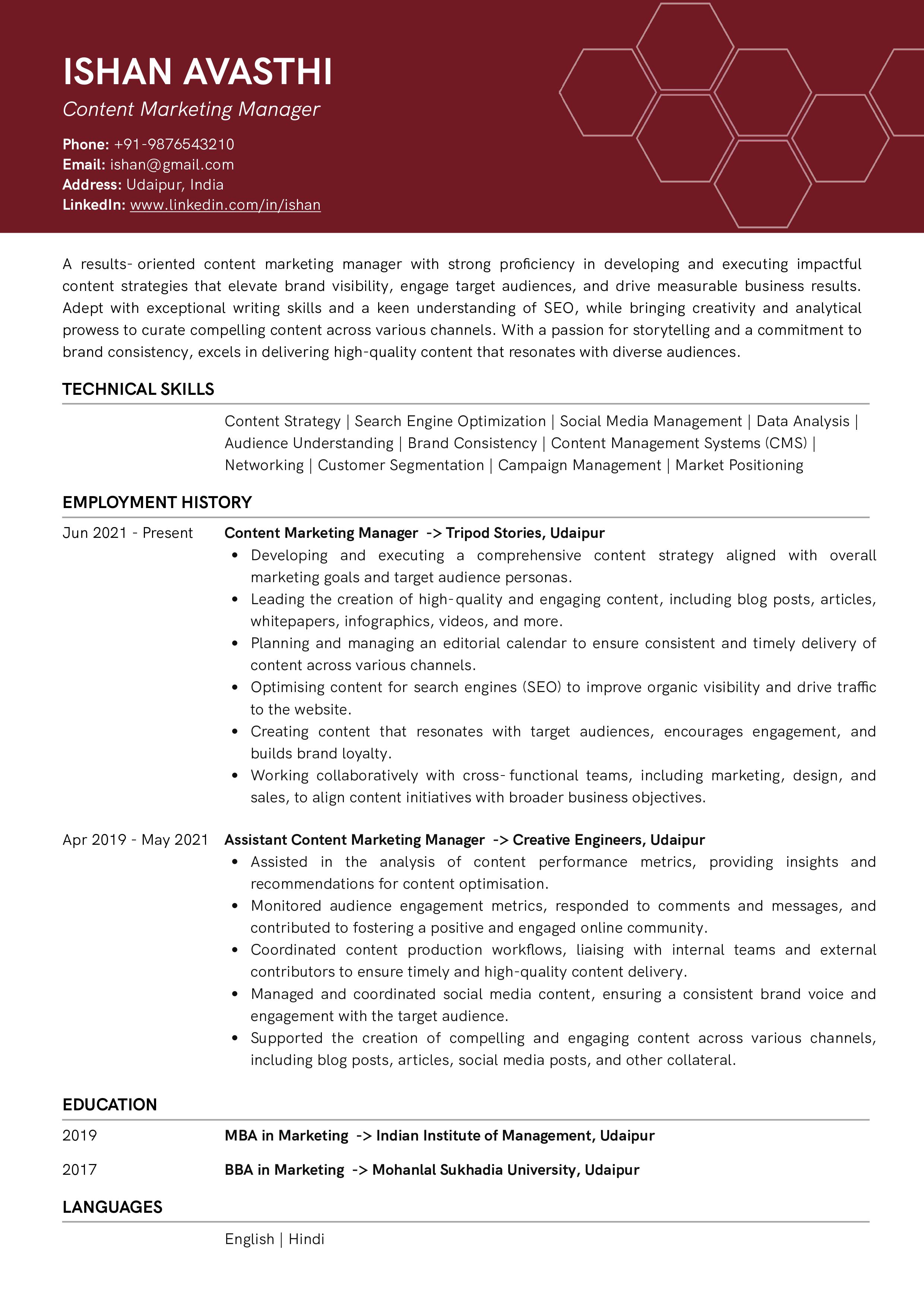 Sample Resume of Content Marketing Manager with Template & Writing Guide | Resumod.co