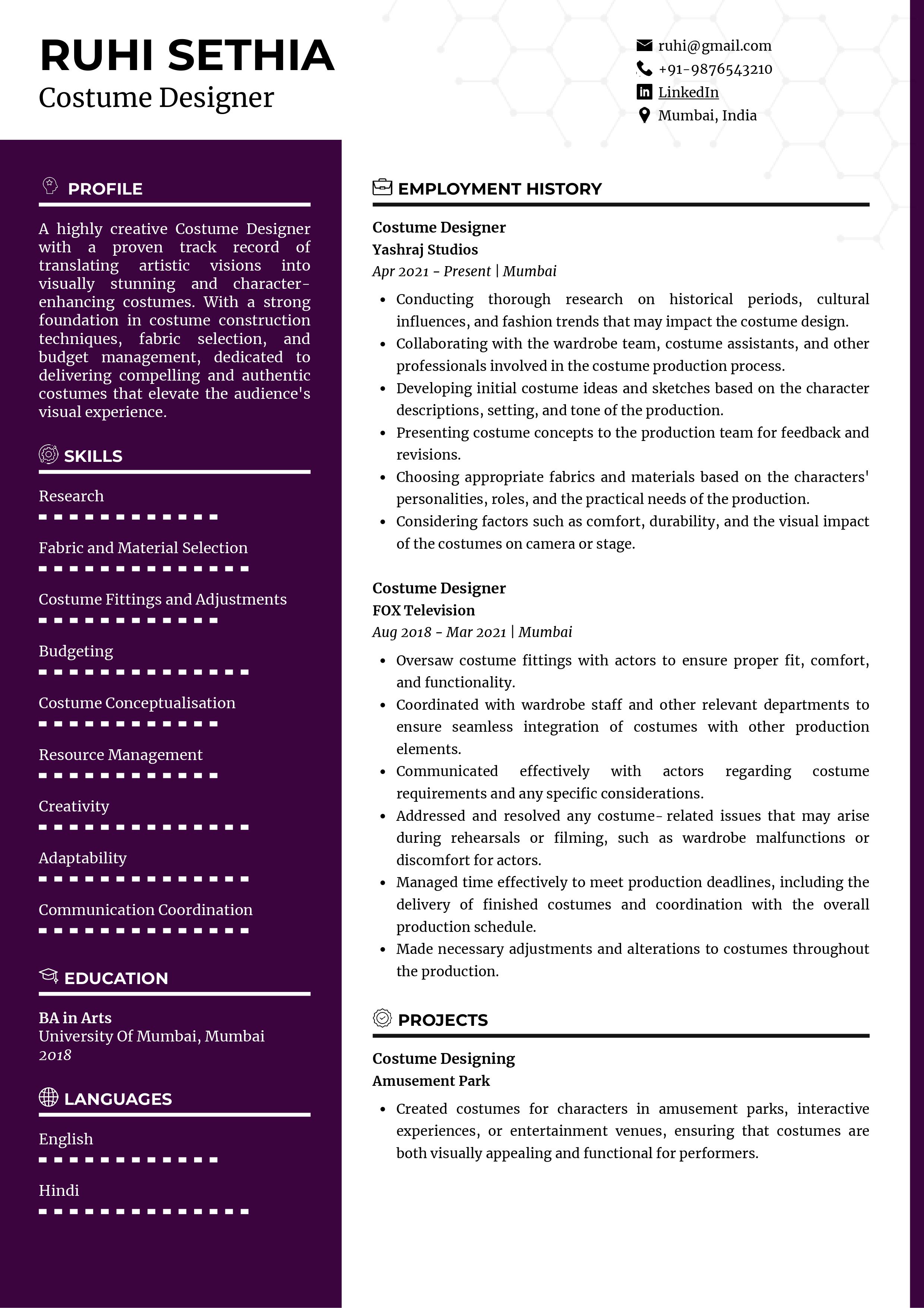 Sample Resume of Costume Designer with Template & Writing Guide ...