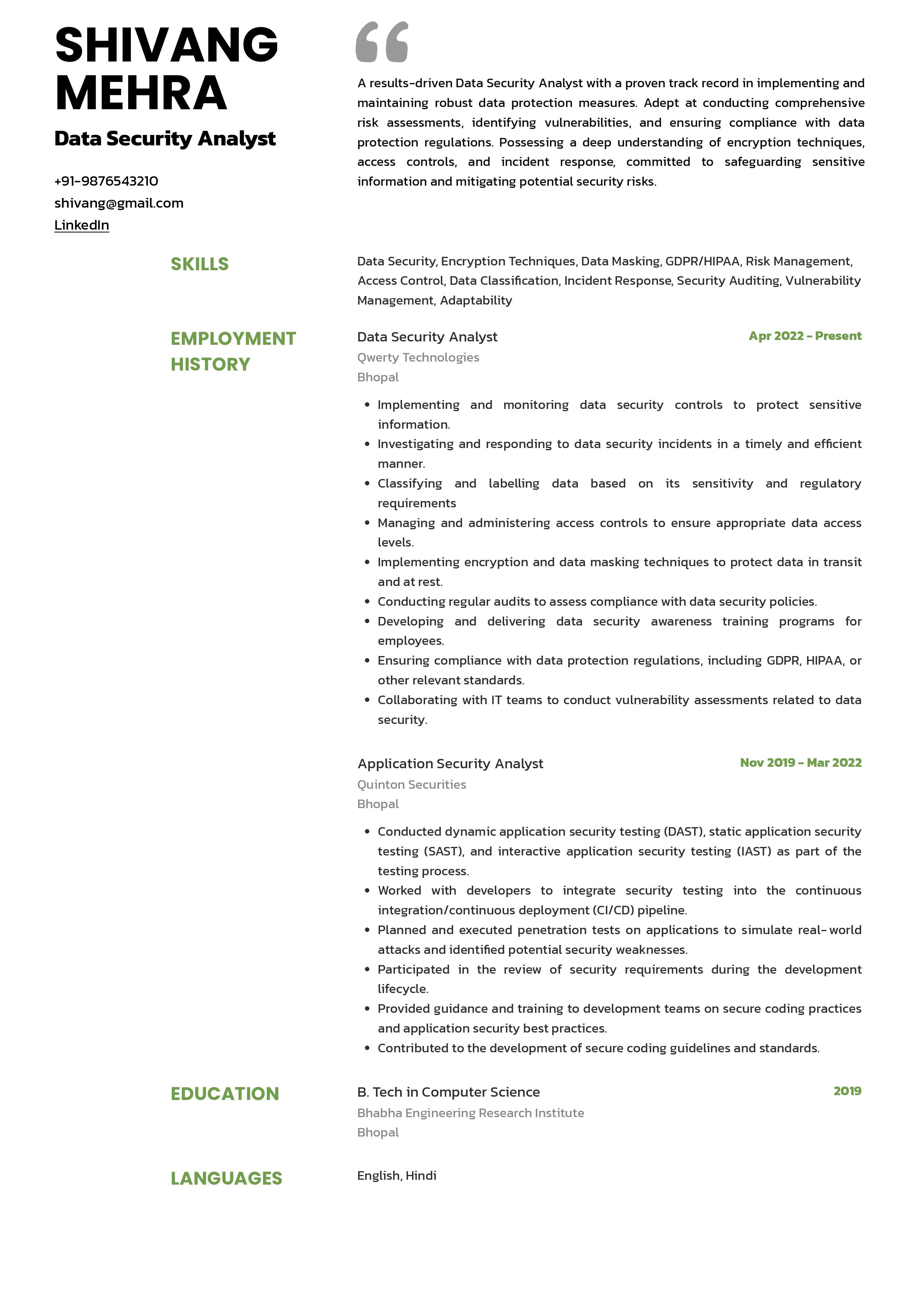 Sample Resume of Data Security Analyst with Template & Writing Guide ...