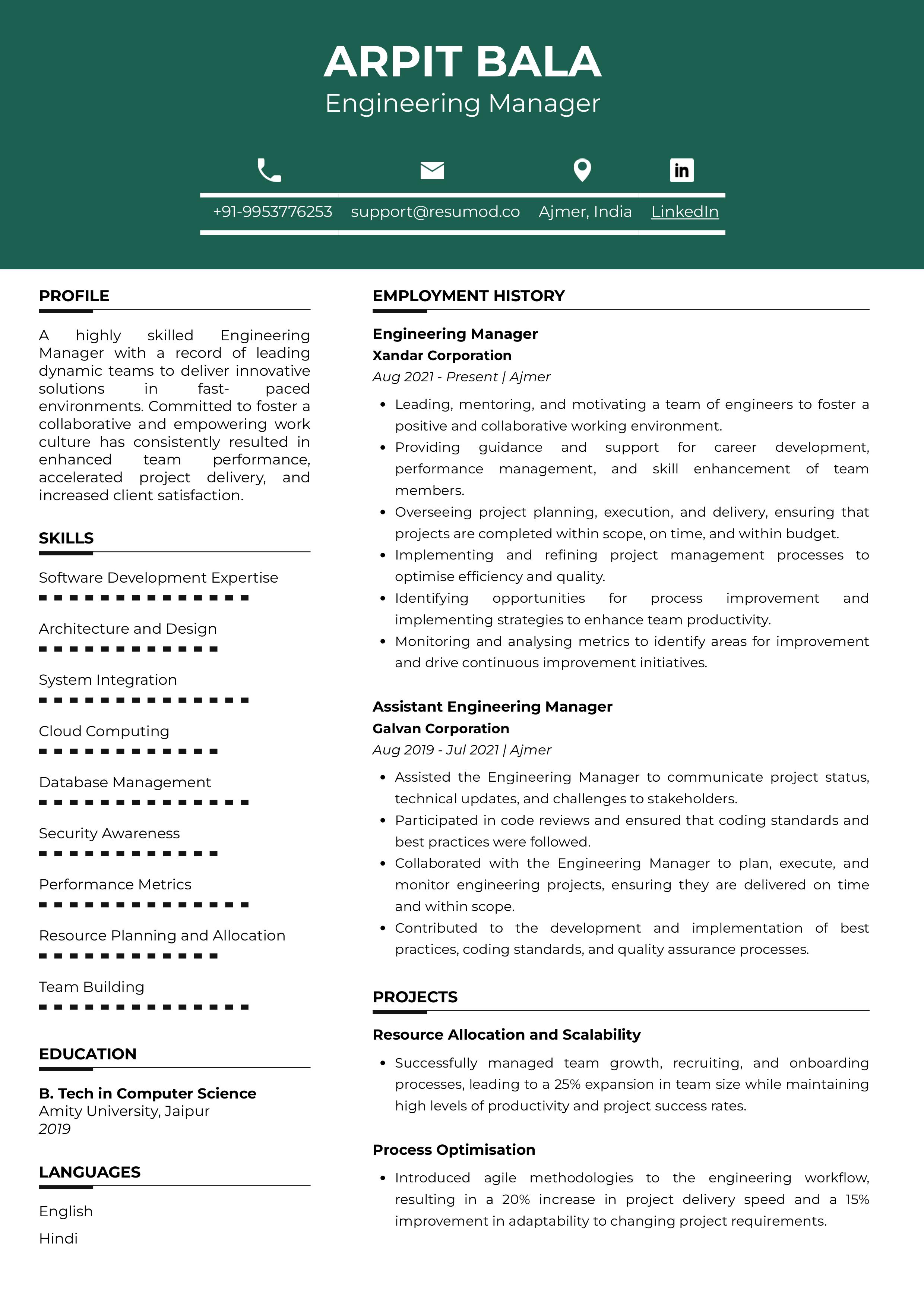 Sample Resume of Engineering Manager with Template & Writing Guide | Resumod.co