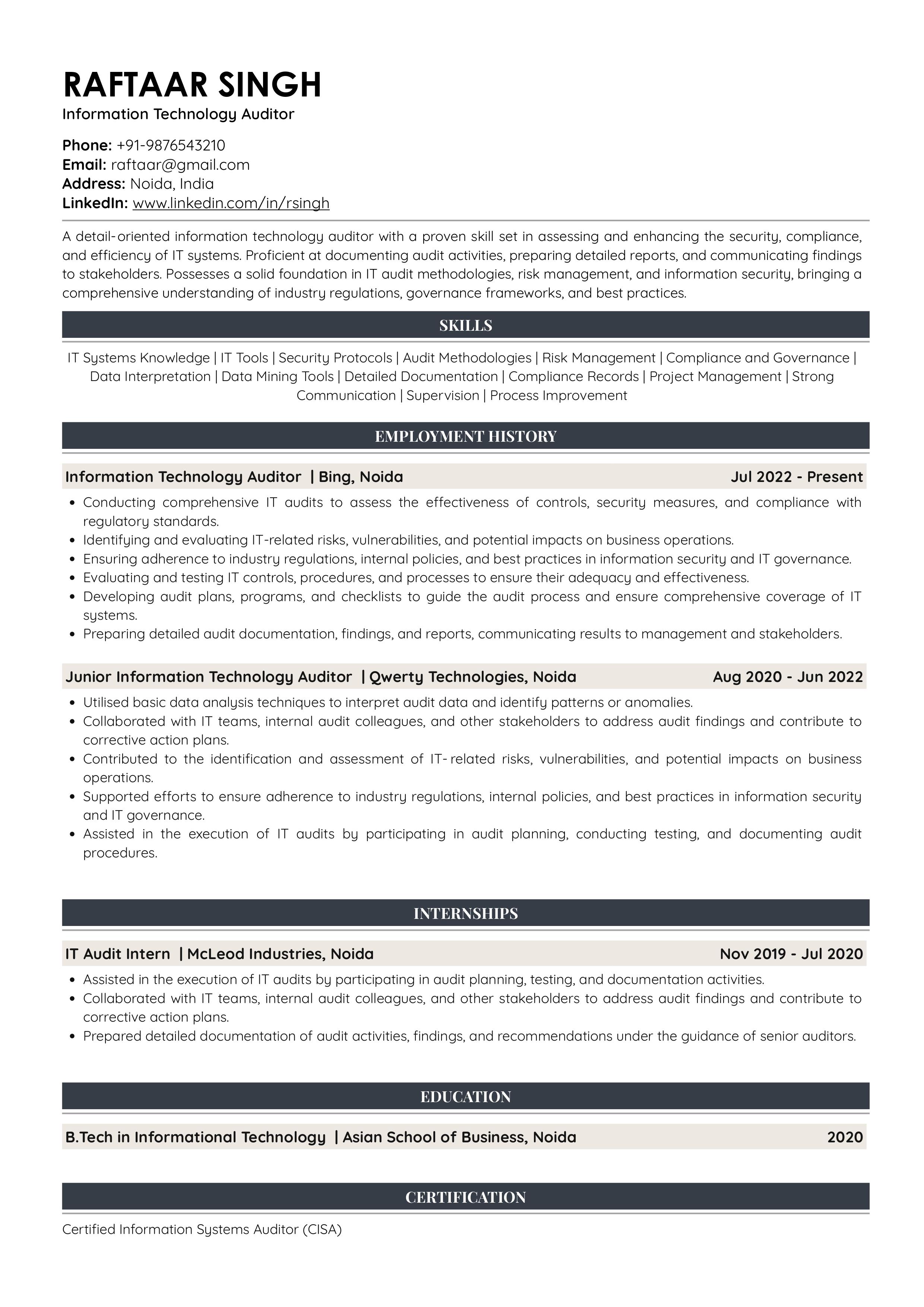 Sample Resume of Information Technology Auditor with Template & Writing ...