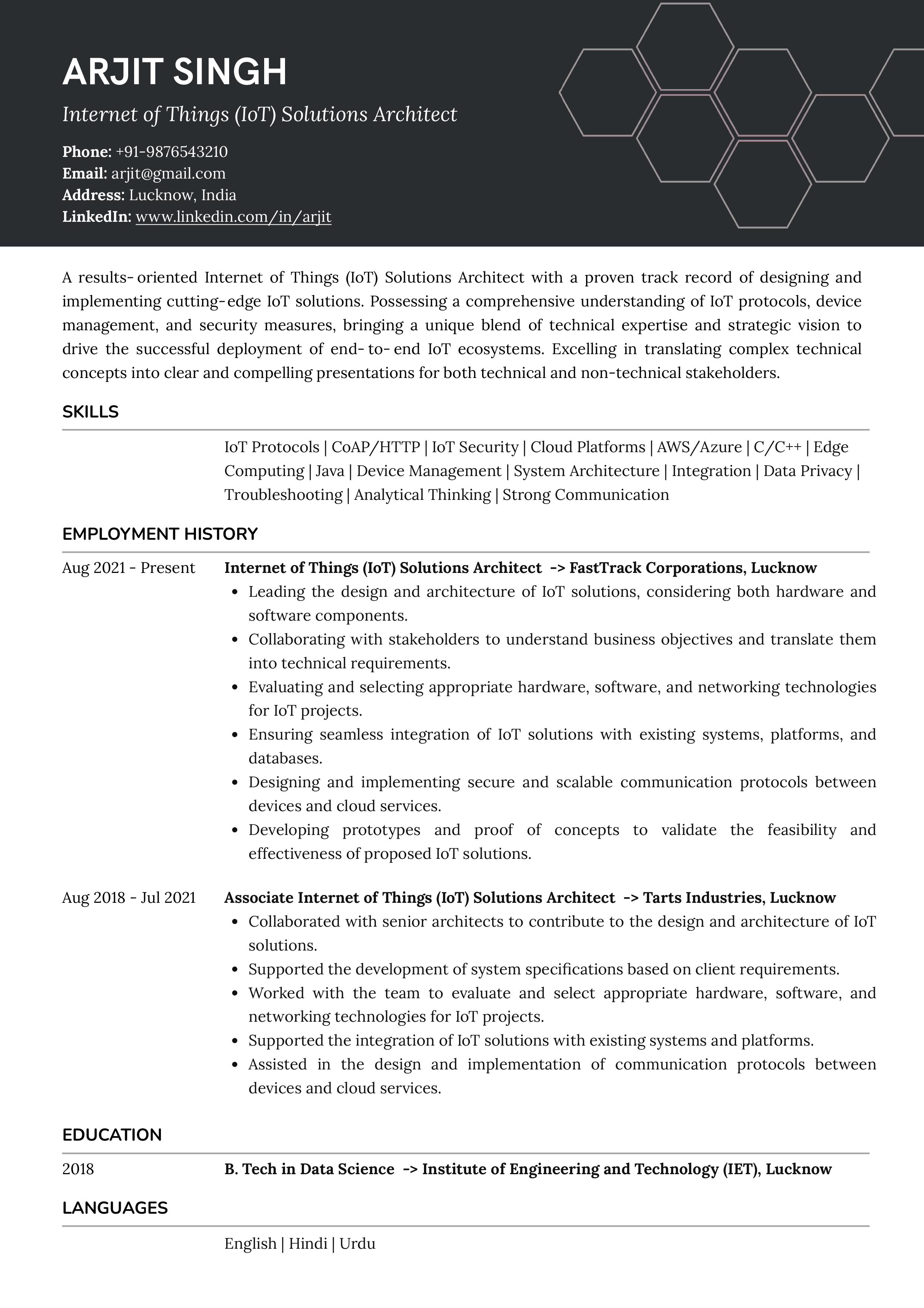 Sample Resume of Internet Of Things (IoT) Solutions Architect with ...