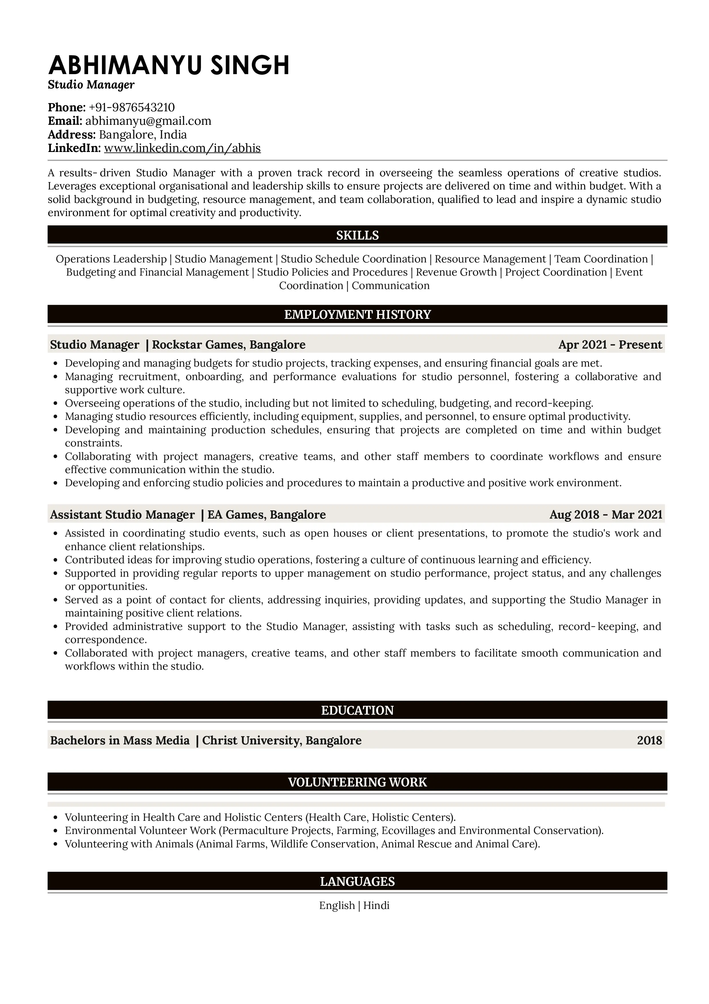 Studio Manager Resume
