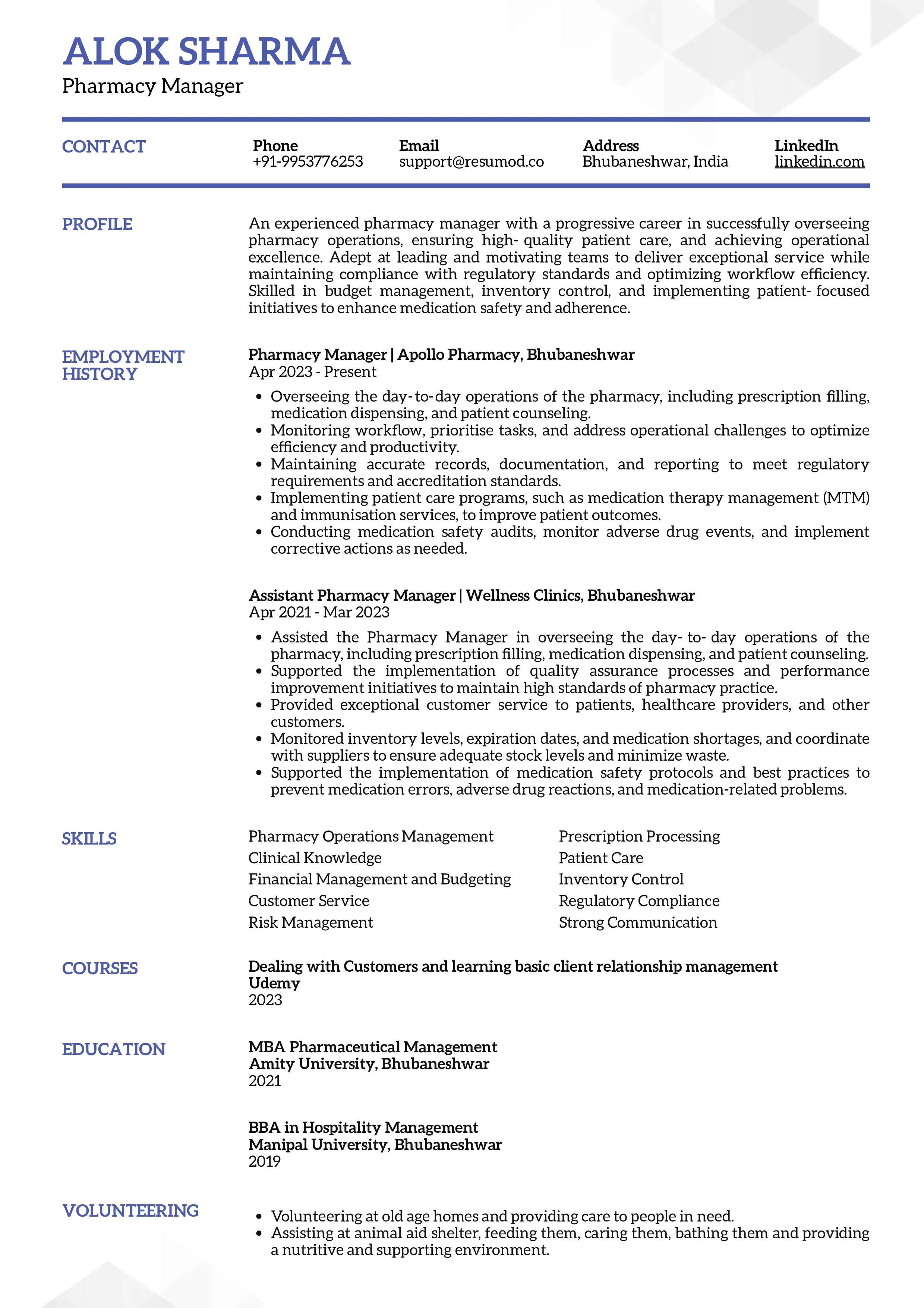Pharmacy Sample Resume